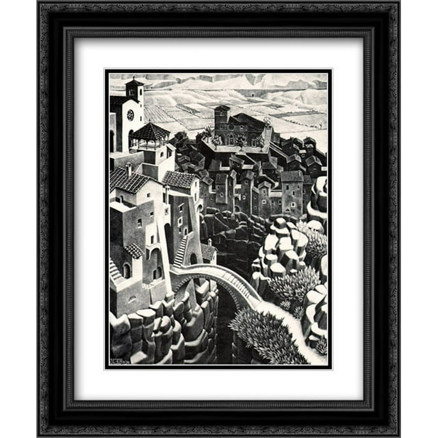 M.C. Escher 2x Matted 20x24 Black Ornate Framed Art Print 'Castrovalva ...