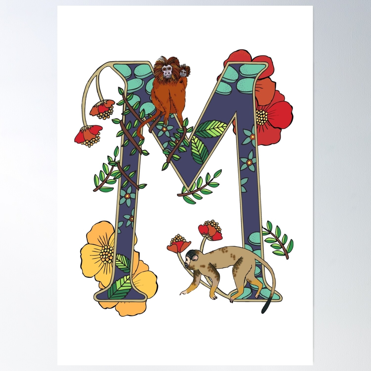 M Is For Monkeys, Art Nouveau Style Animal Alphabet Letter, Plain ...