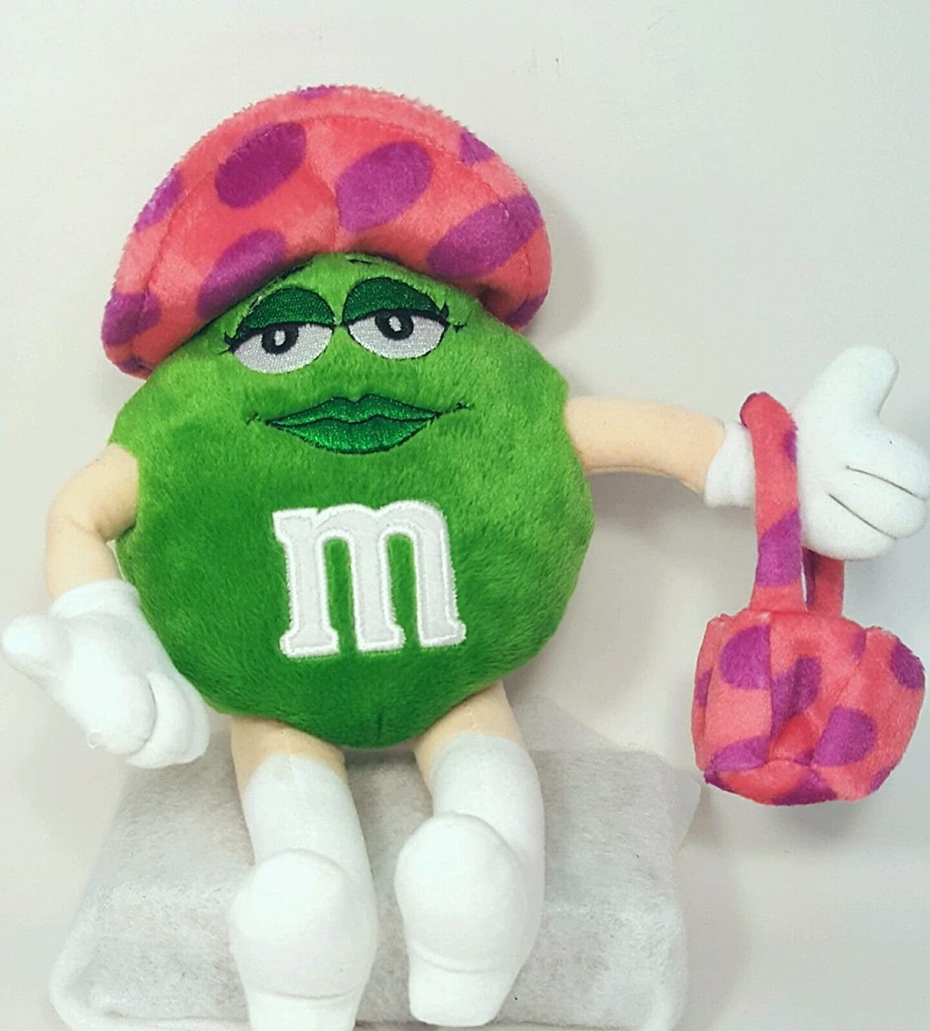 M&M Galerie Plush Green Lady with Pink Purple Doted Purse & Hat Doll ...