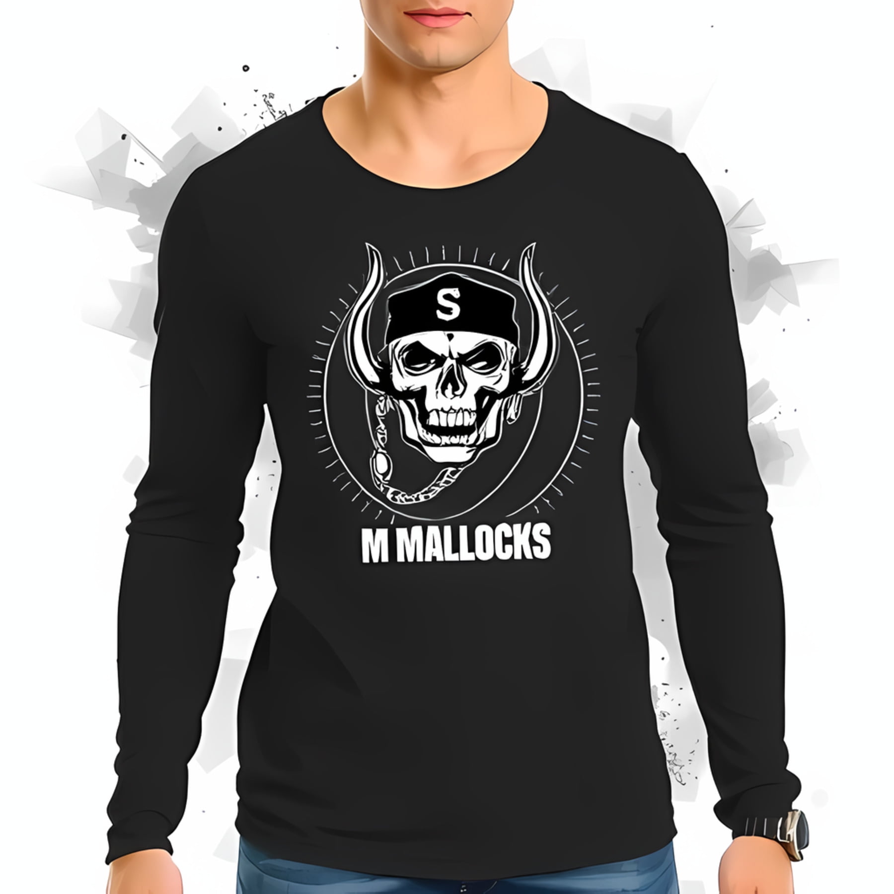 M M Long Sleeve T-Shirt with Bold Graphic & Horns - Edgy Fashion by M ...