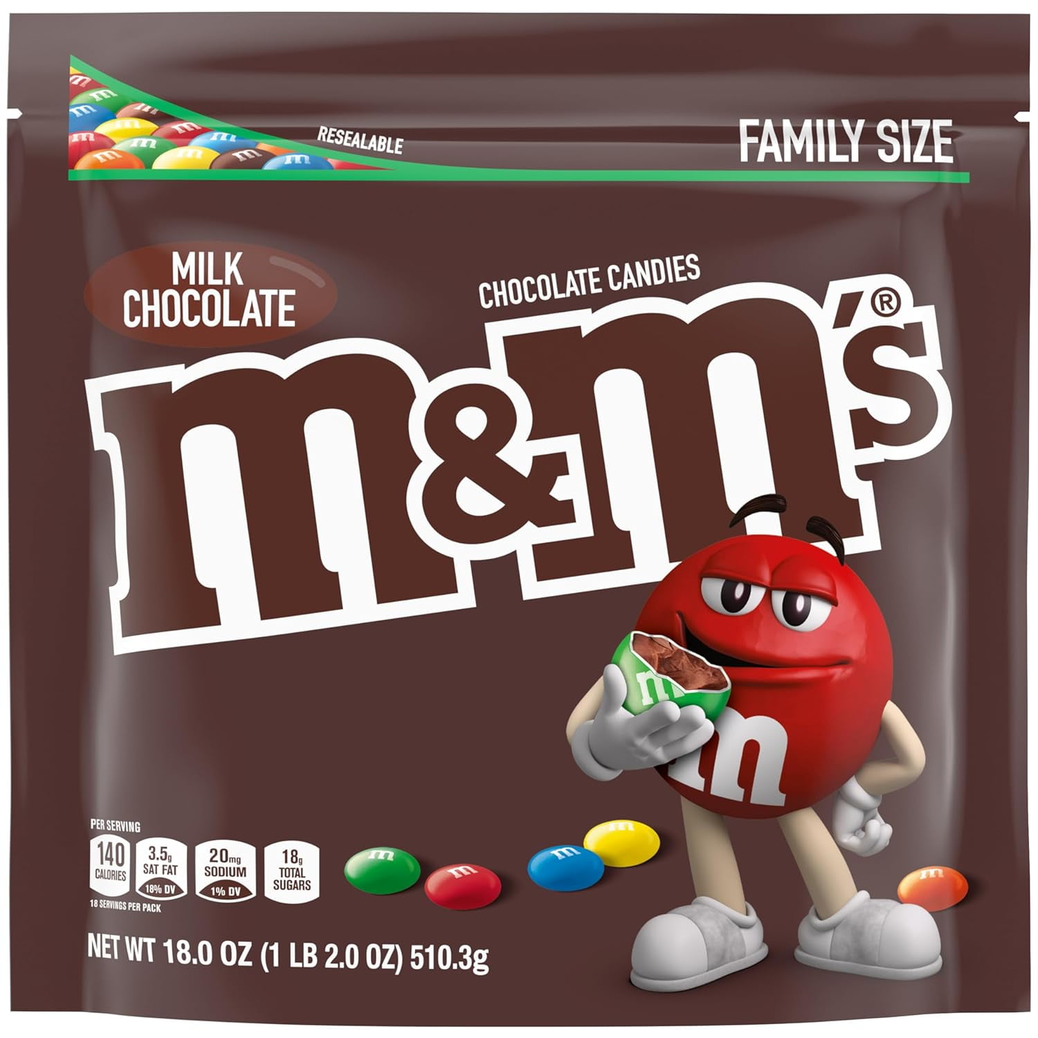 M&M'S Milk Chocolate Candy, Family Size, 18 oz Resealable Bulk Candy Bag - Walmart.com