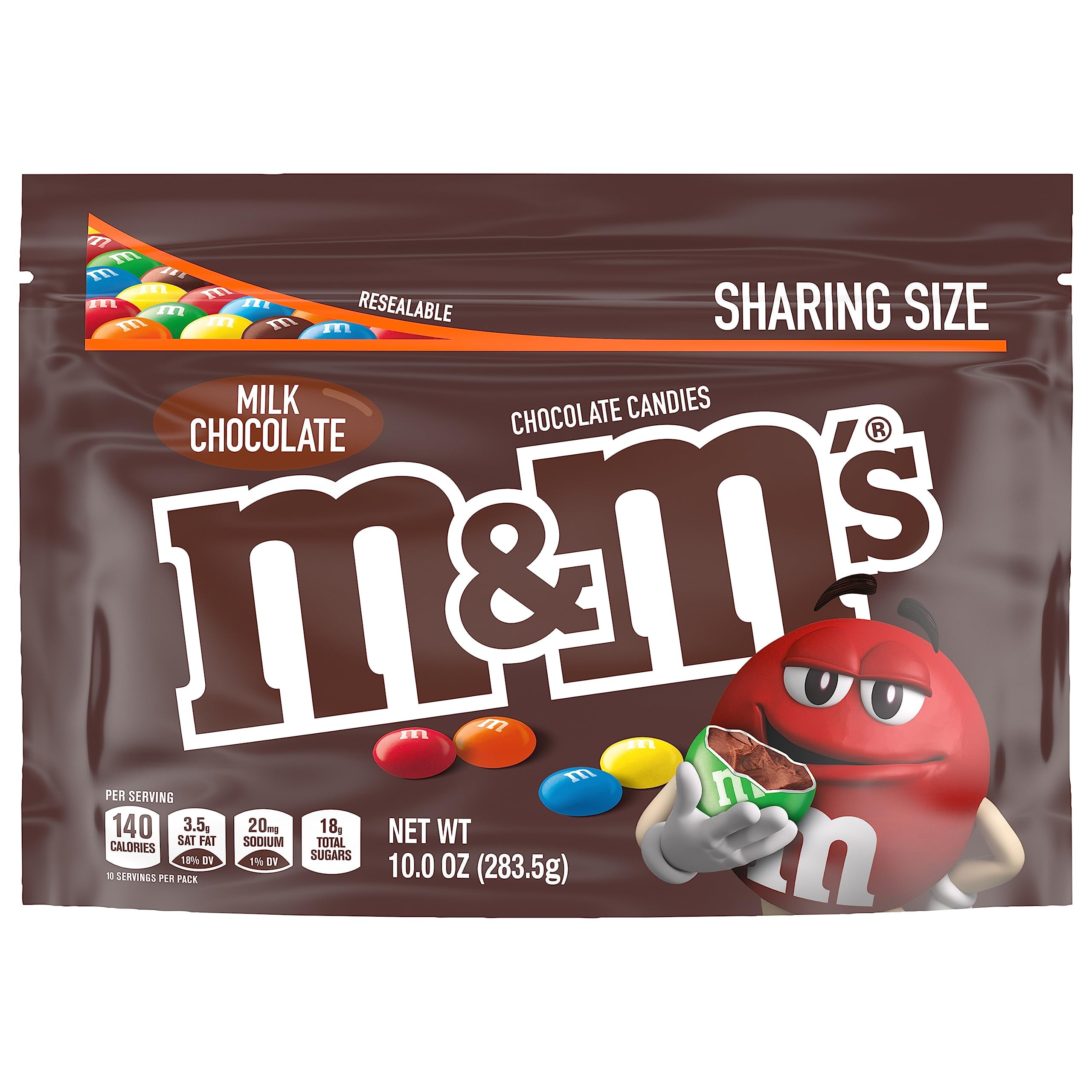 M&Ms Milk Chocolate Candy, Sharing Size, 10 Oz Resealable Bag Packaging ...