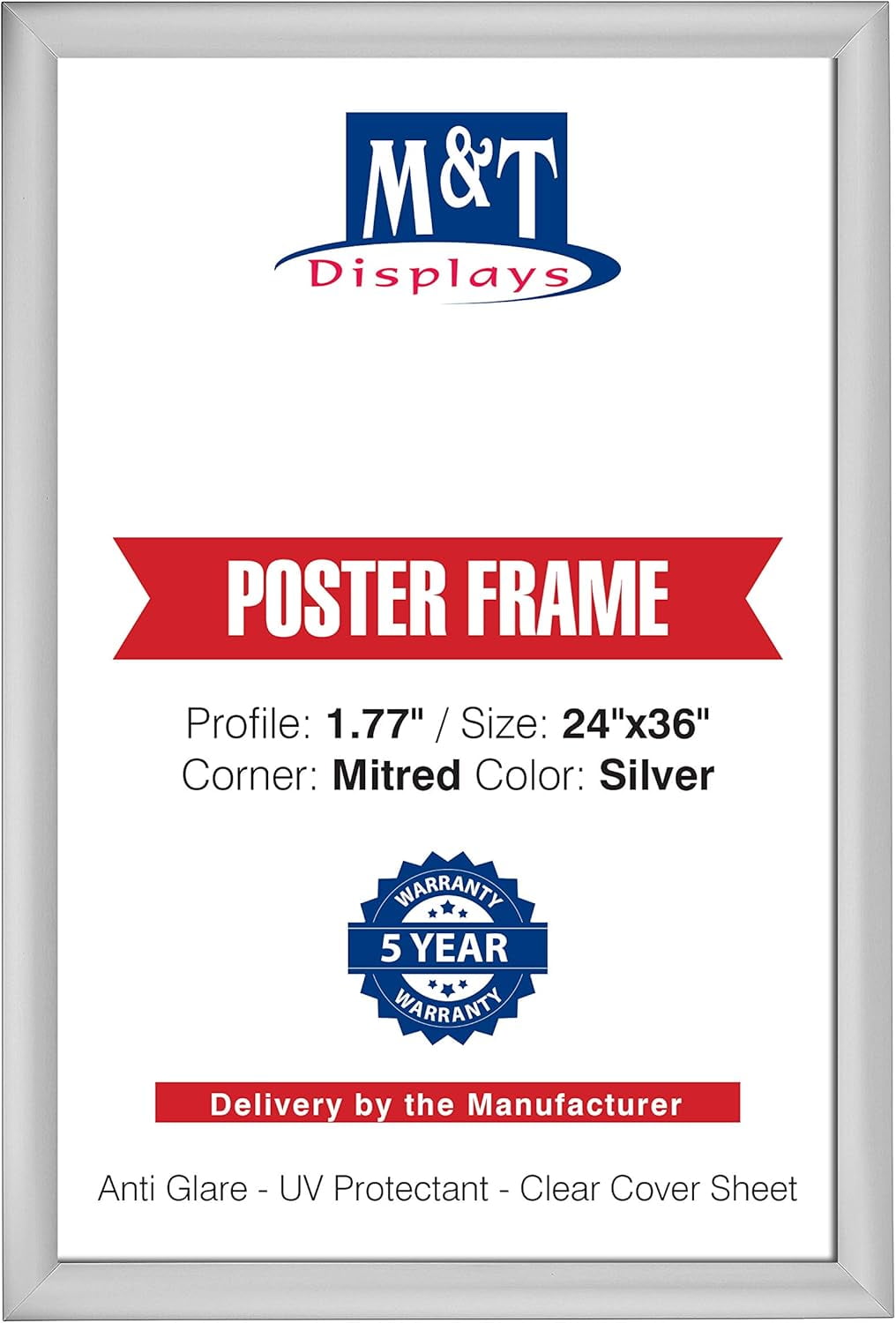 M&T Displays 24 x 36 Poster Frame, Silver Color, 1.77" Aluminum Profile ...