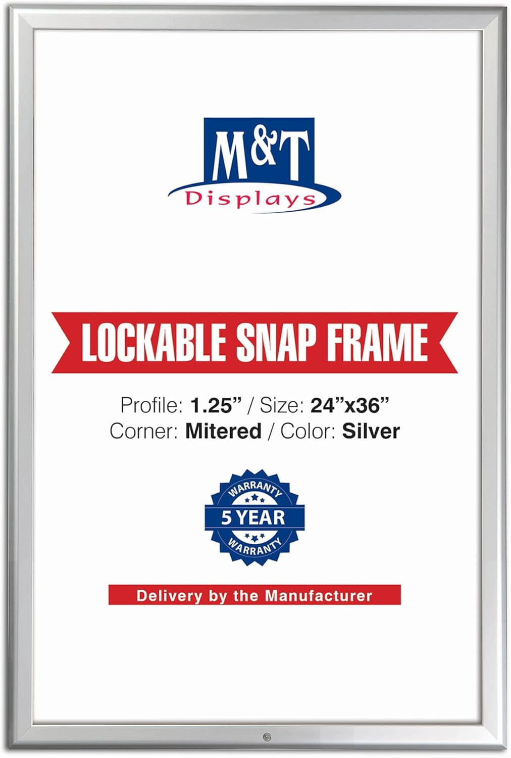 M&T Displays 24x36 Inch Silver Aluminum Lockable Snap Frame, 1.25" Profile, Wall Mounting, Front ...