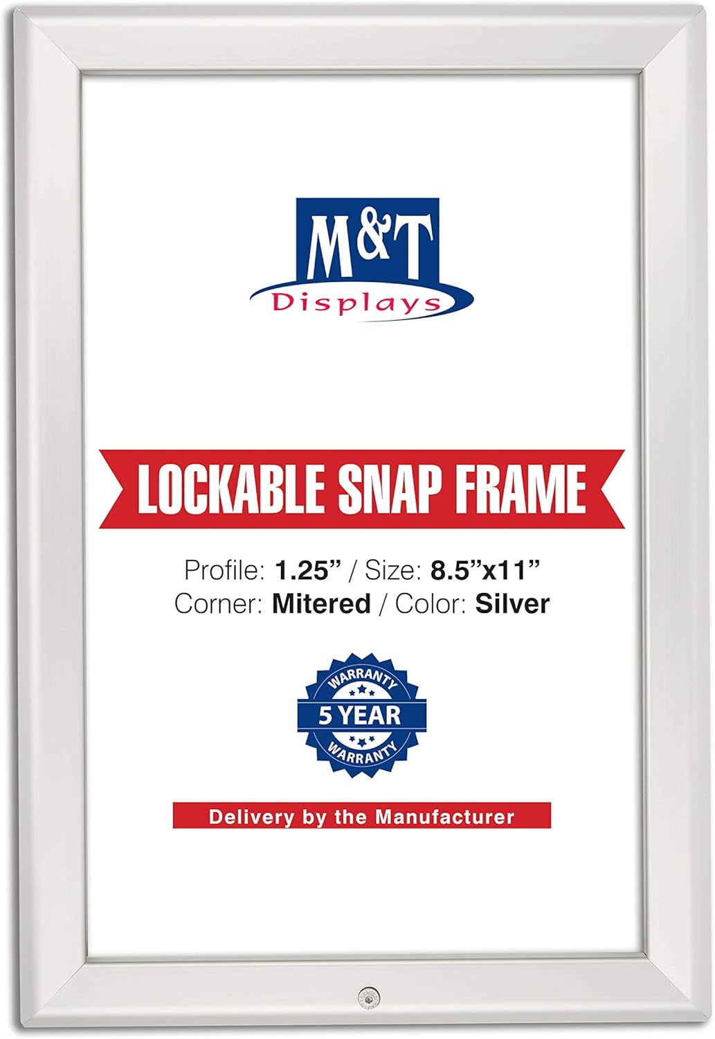 M&T Displays Lockable Snap Poster Frame 8.5x11 Inch Silver 1.25" Aluminum Profile Front Loading ...