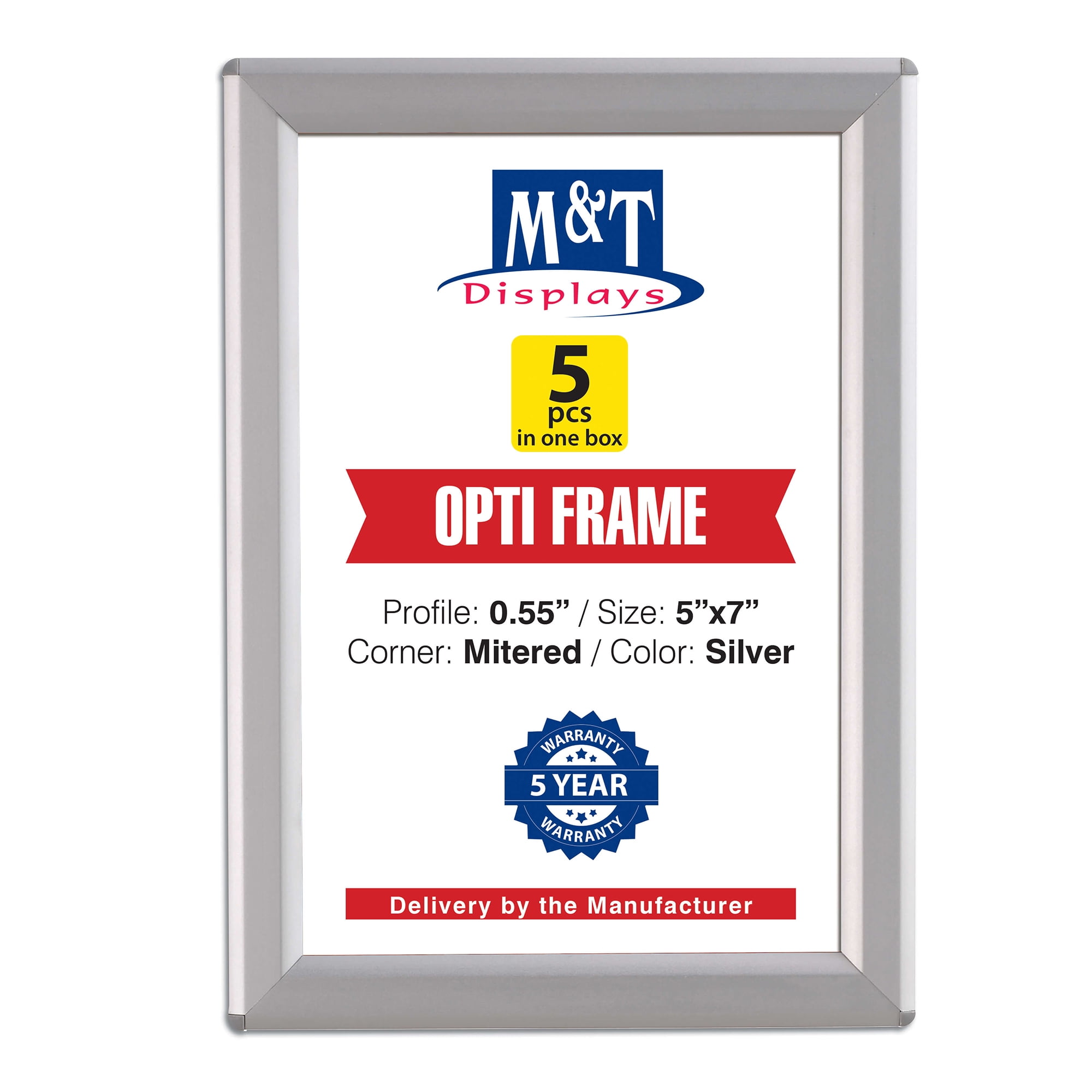 M&T Displays Opti Snap Poster Frame 5x7 Inch Silver 0.55" Aluminum ...