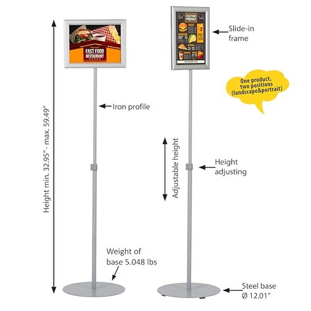 M&T Displays Pedestal Adjustable Telescoping Menuboard, Aluminum Profile, Silver Double Sided ...