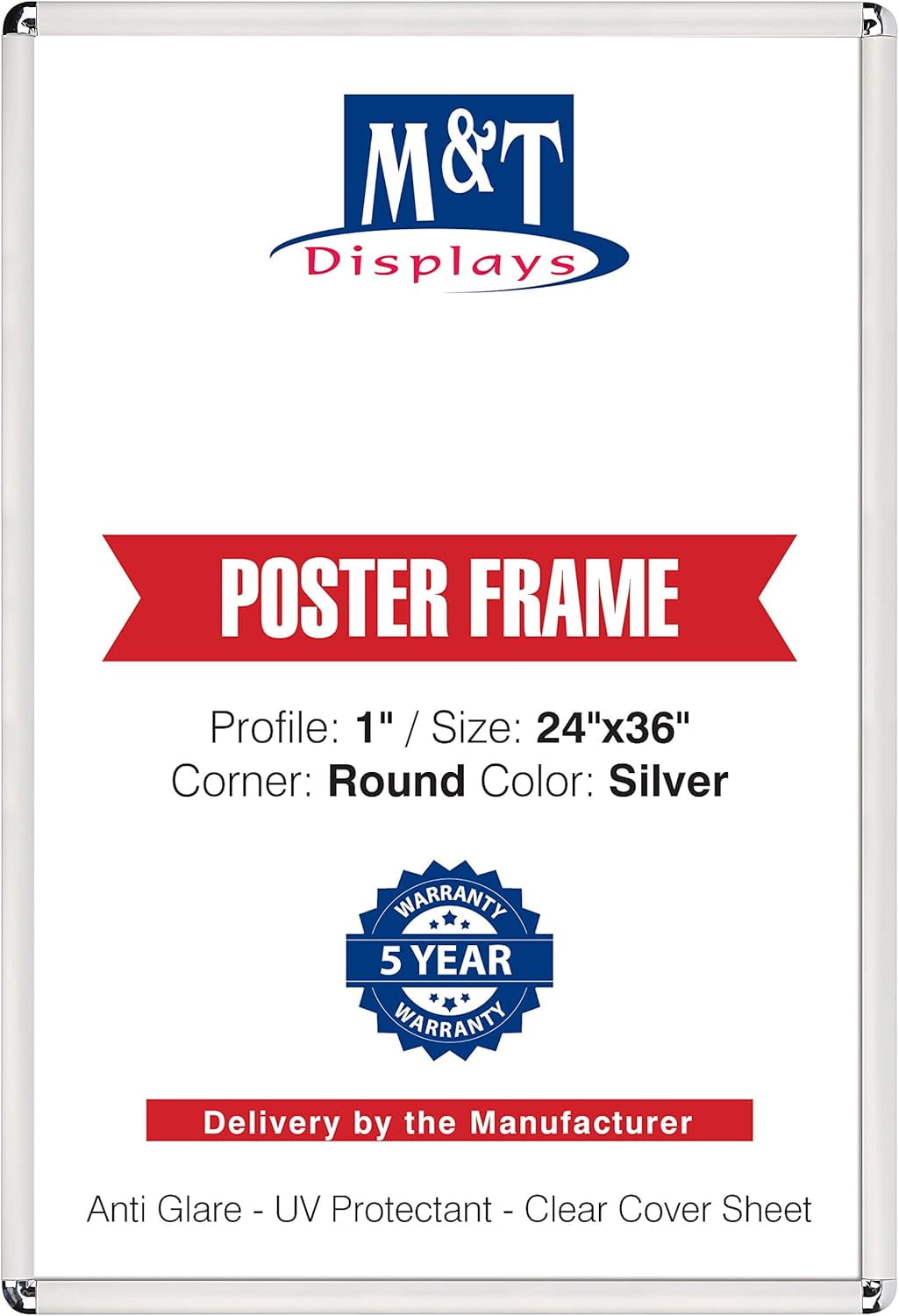 M&T Displays Silver Snap Frame with Safe Corner 24x36 Poster Frame 1.25 ...