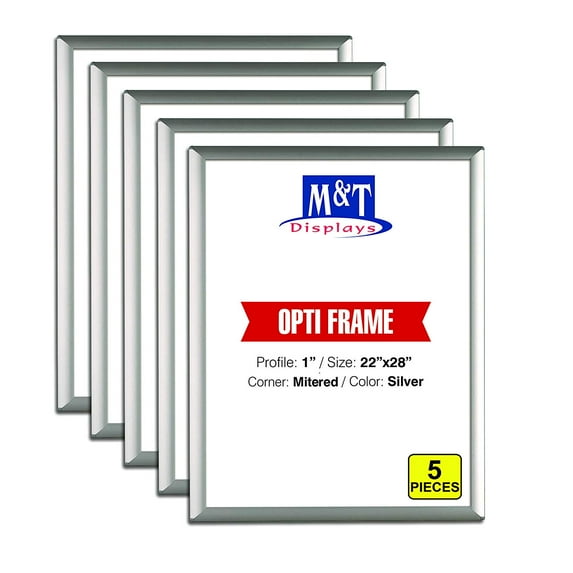 M&T Displays Snap Frame 22x28 Poster Size 1" Silver Color Profile, Mitred Corner, (5, Silver ...