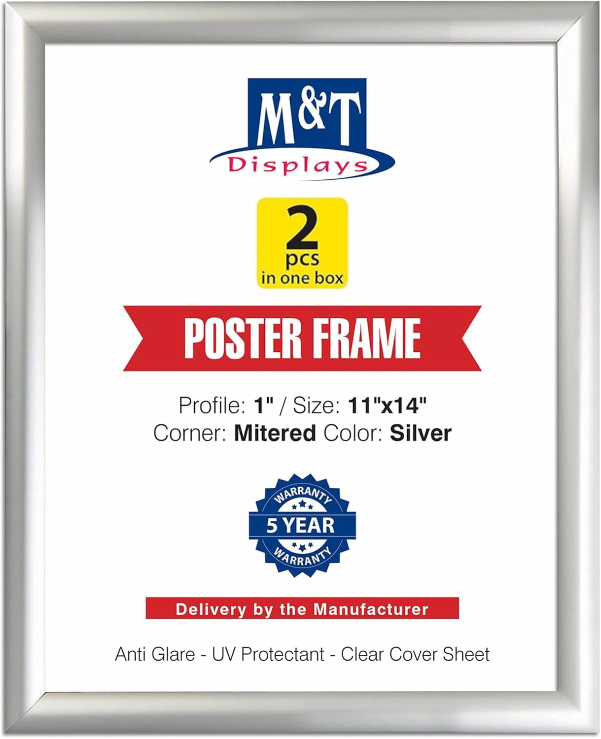 M&T Displays Snap Poster Frame 11x14 Inch Silver 1" Aluminum Profile ...