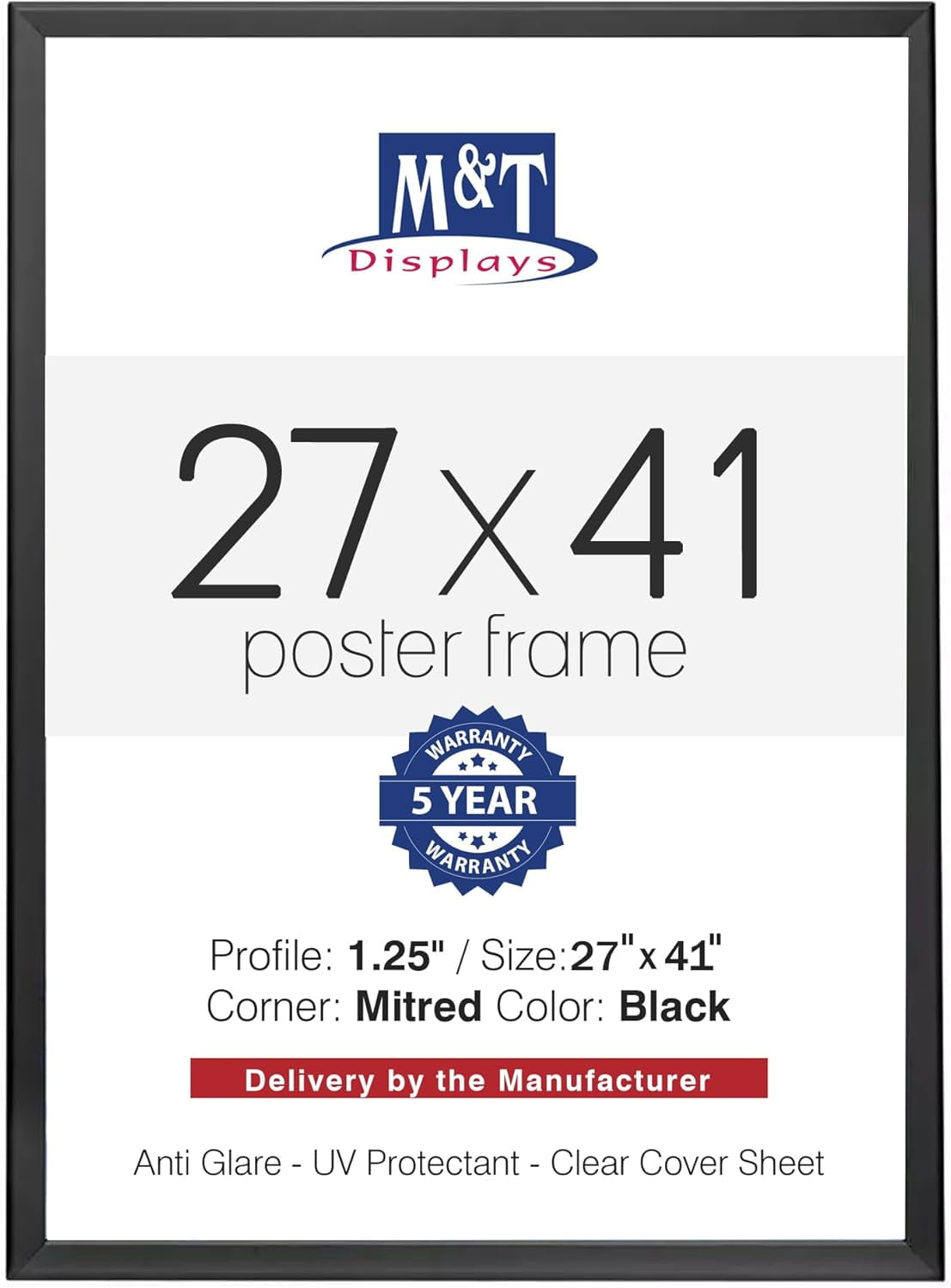 M&T Displays Snap Poster Frame 27x41 Inch Black 1.25" Aluminum Profile Front Loading Wall ...