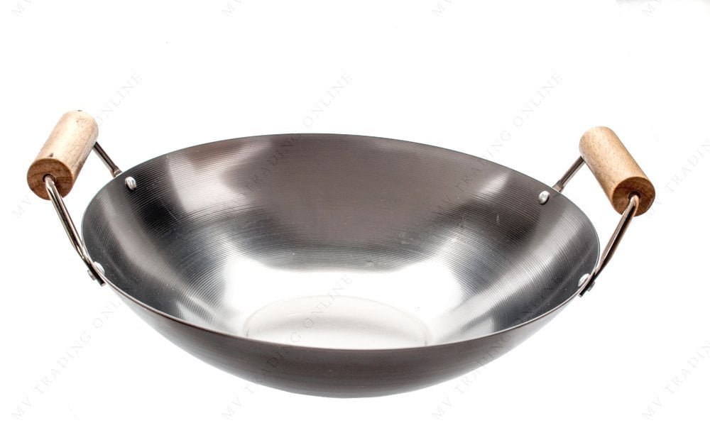 M.V. Trading TW006 Carbon Steel Flat Bottom Wok with Double Wood Handle ...
