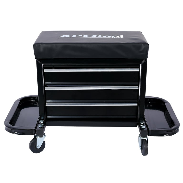 M optimized 3 Drawer Mechanics Roller Seat Tool Box with Folding Tool Trays Rolling Tool Chest Seat for Garage Glider Load Limit 350 LBS