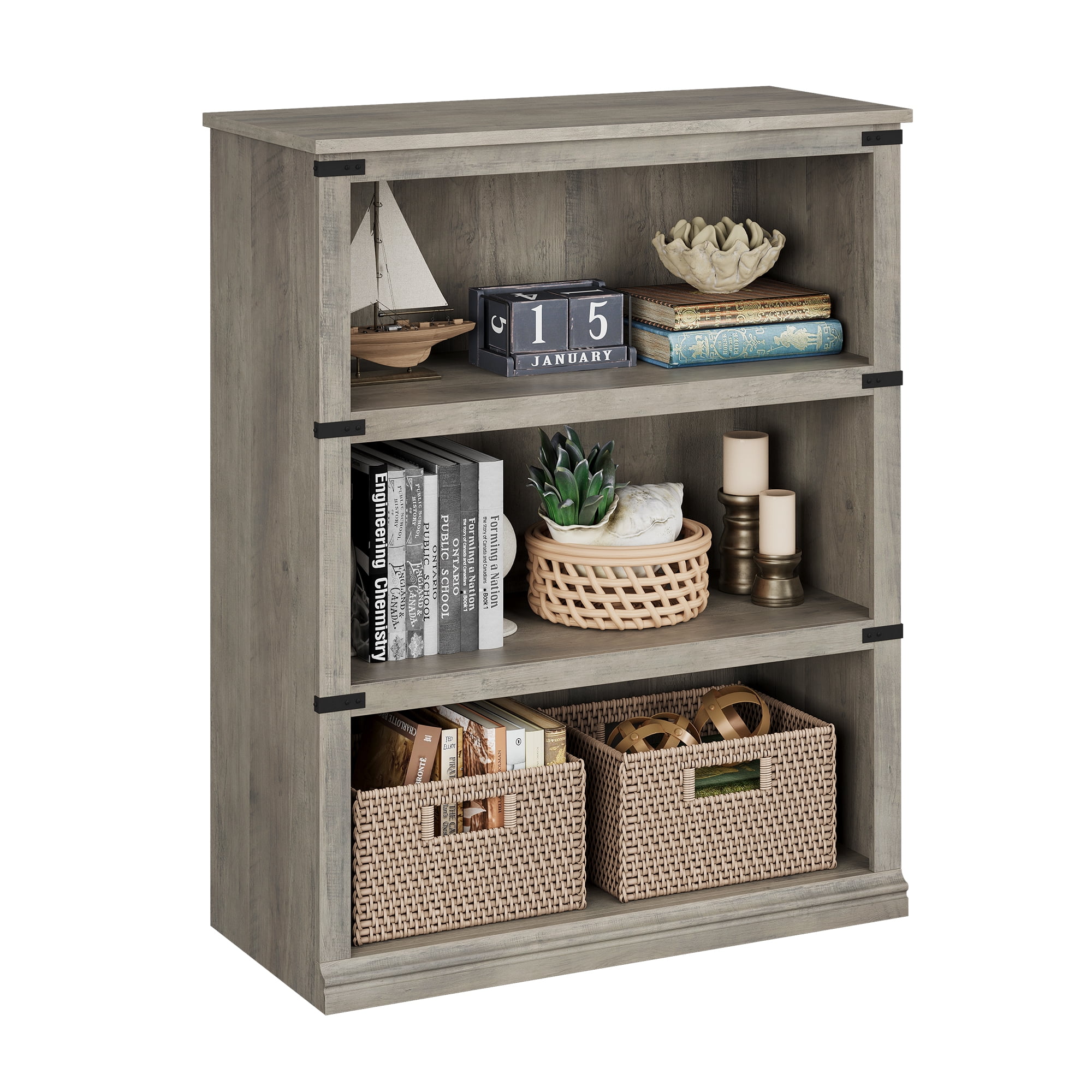 M optimized 3 Tier Bookcase Farmhouse Book Shelf with Storage, Low Book ...
