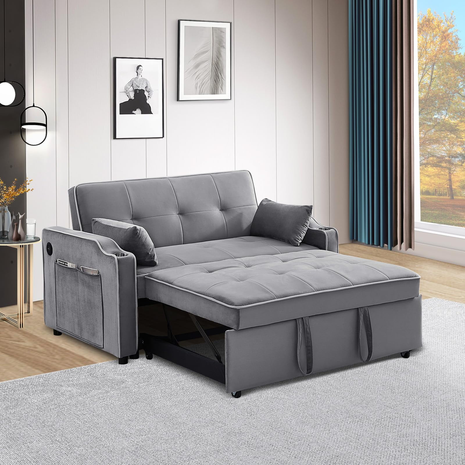 M optimized 3 in 1 Convertible Sleeper Sofa Bed, Velvet Pull Out Couch ...