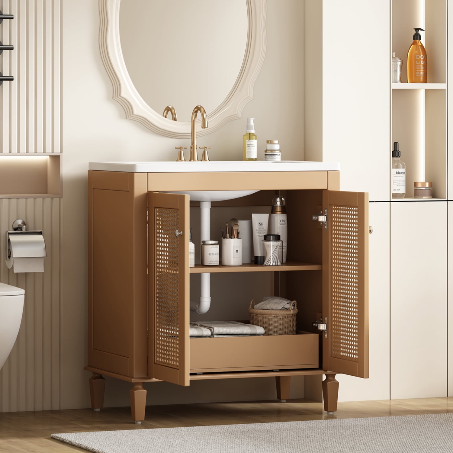 M optimized 30" Bathroom Cabinet with Resin Sink, Wood Frame Bathroom ...