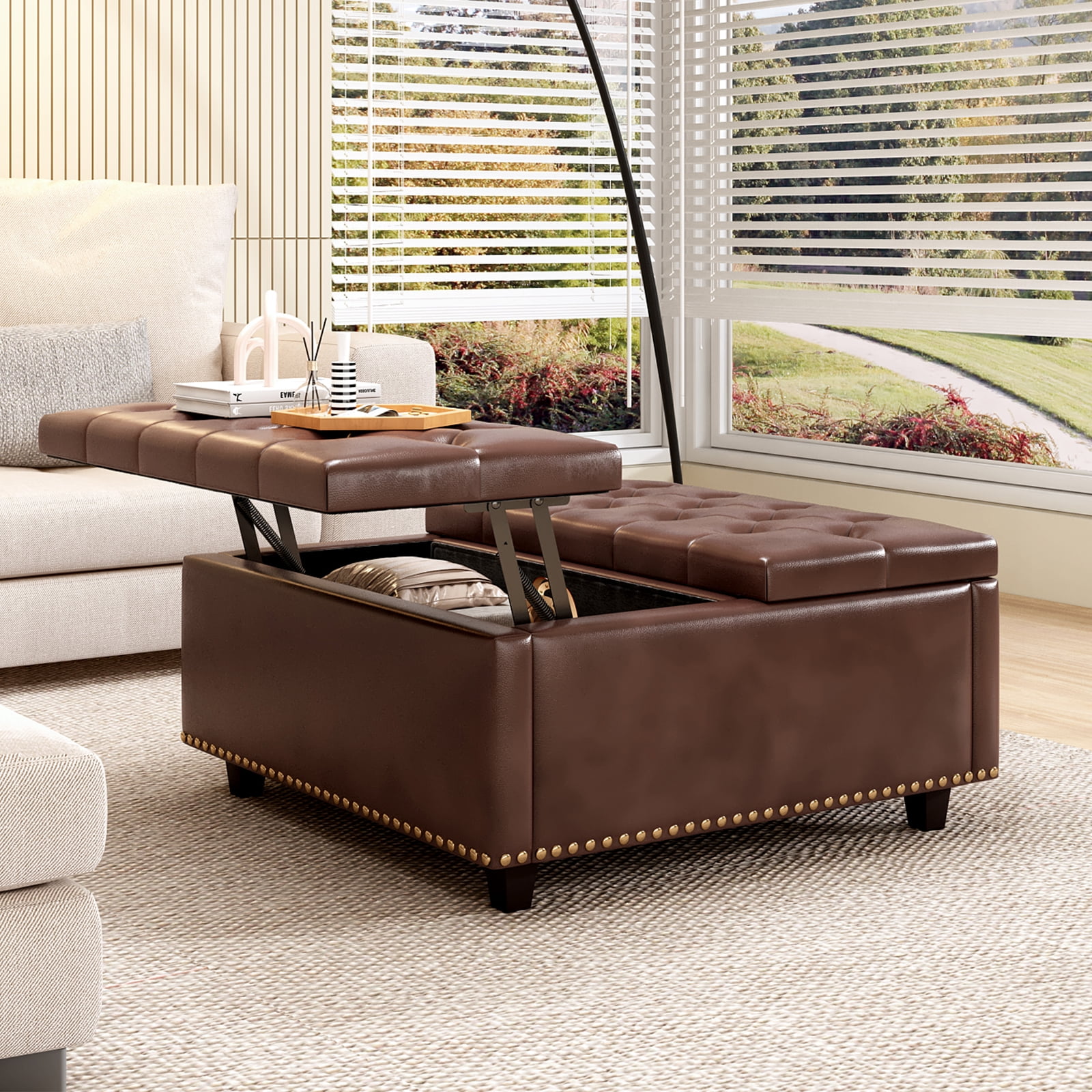 M optimized 32" Square Coffee Table Storage Ottoman, Faux Leather Lift ...