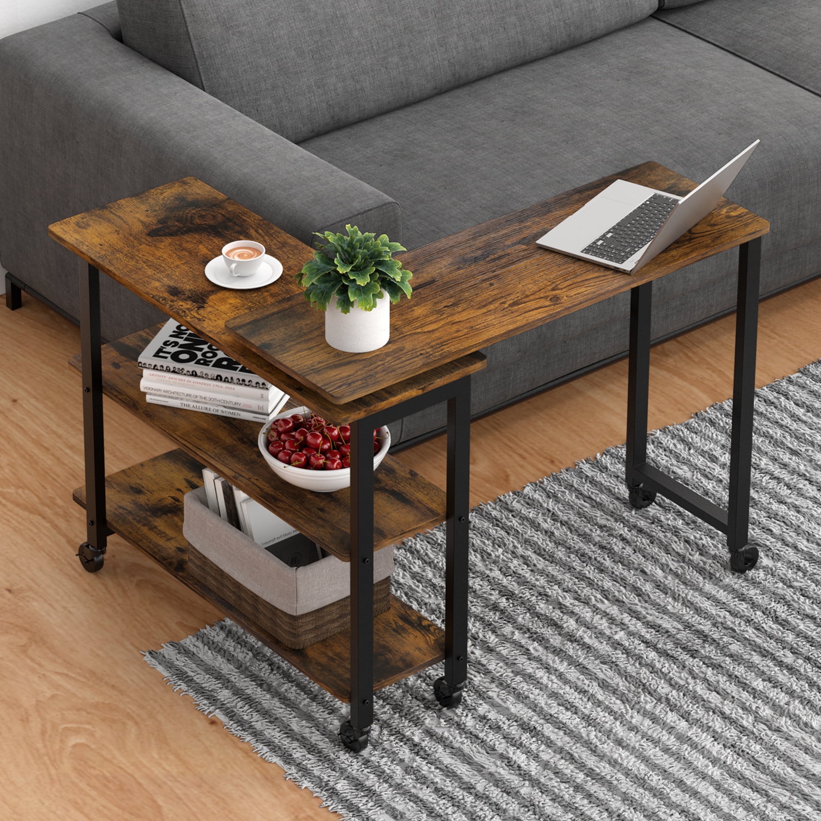 M optimized 360° Rotating Sofa Side Table, Mobile Couch Desk with 2 ...