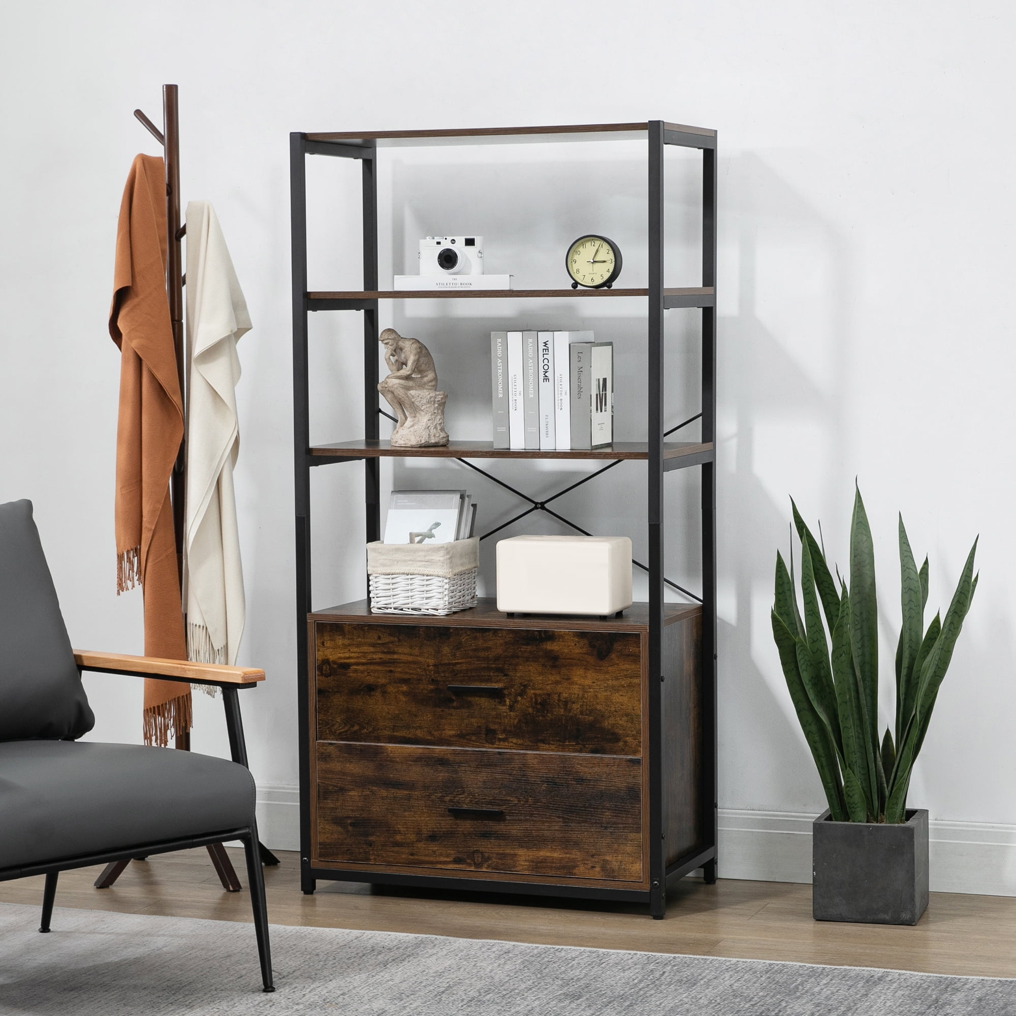 M optimized 4 Tier Bookcase Industrial Bookshelf with 2 Drawers 62.7 ...