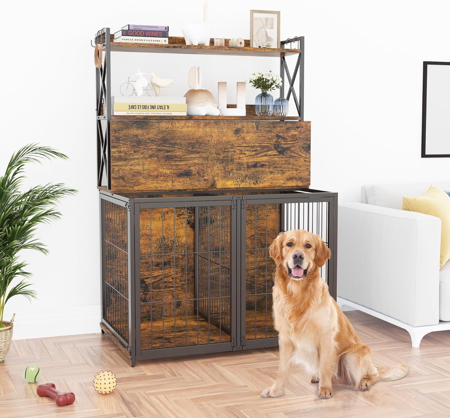 M optimized 42.5inch Dog Crate Furniture with Shelves Storage, Double ...