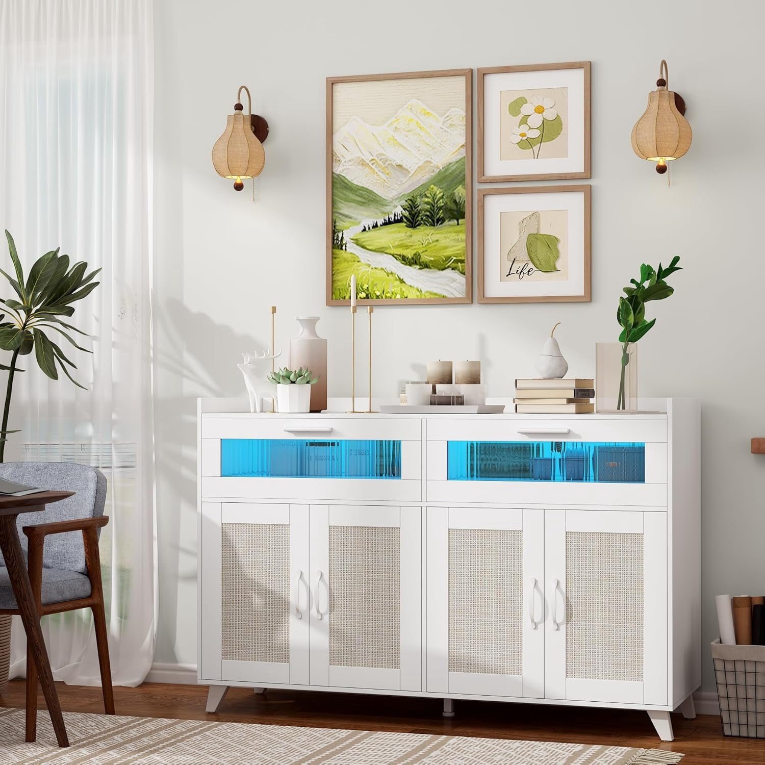 M optimized 48" Sideboard Buffet Cabinet w/Power Outlet & LED Light ...