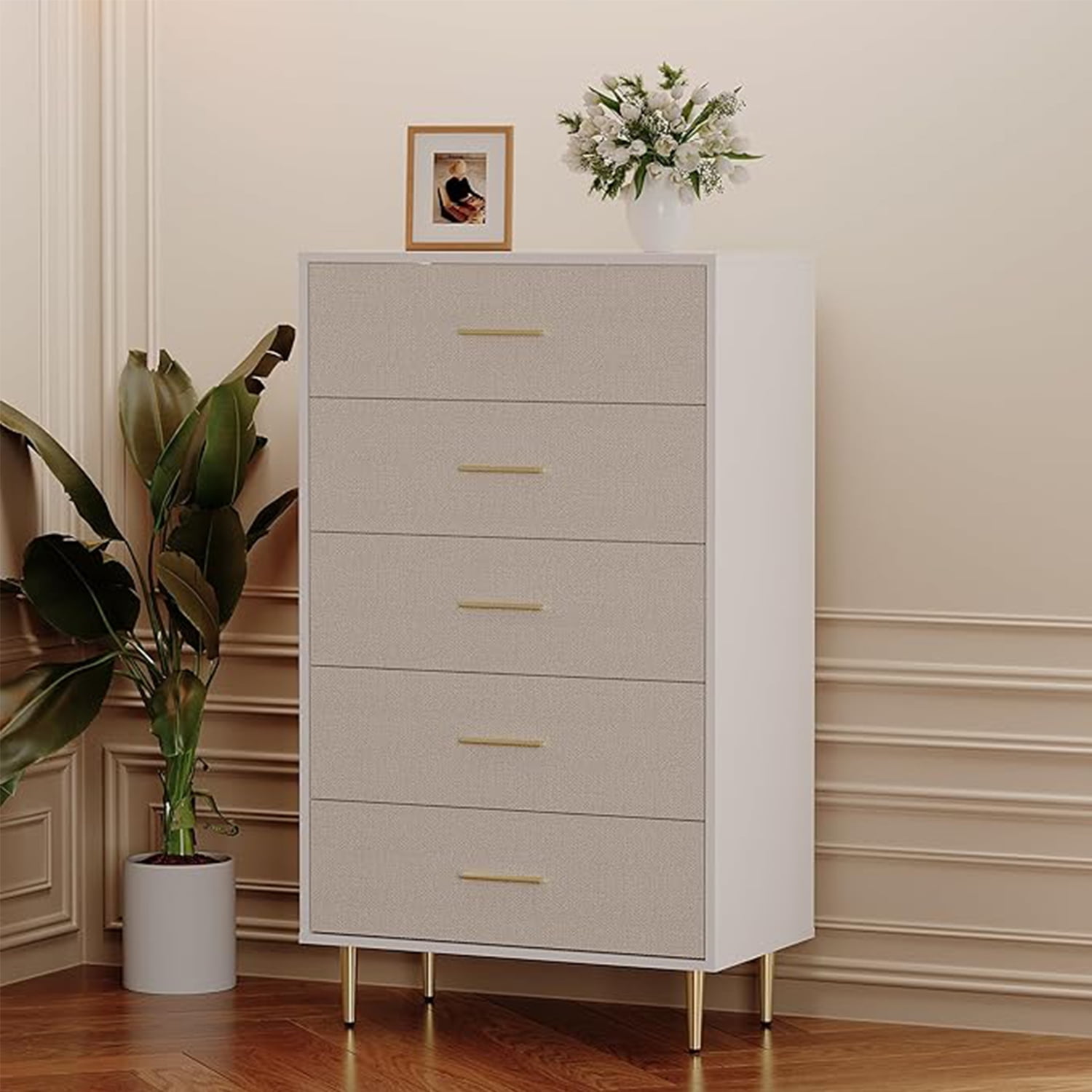 M optimized 5 Drawer Dresser, Tall Narrow Chest of Drawers, Wooden ...