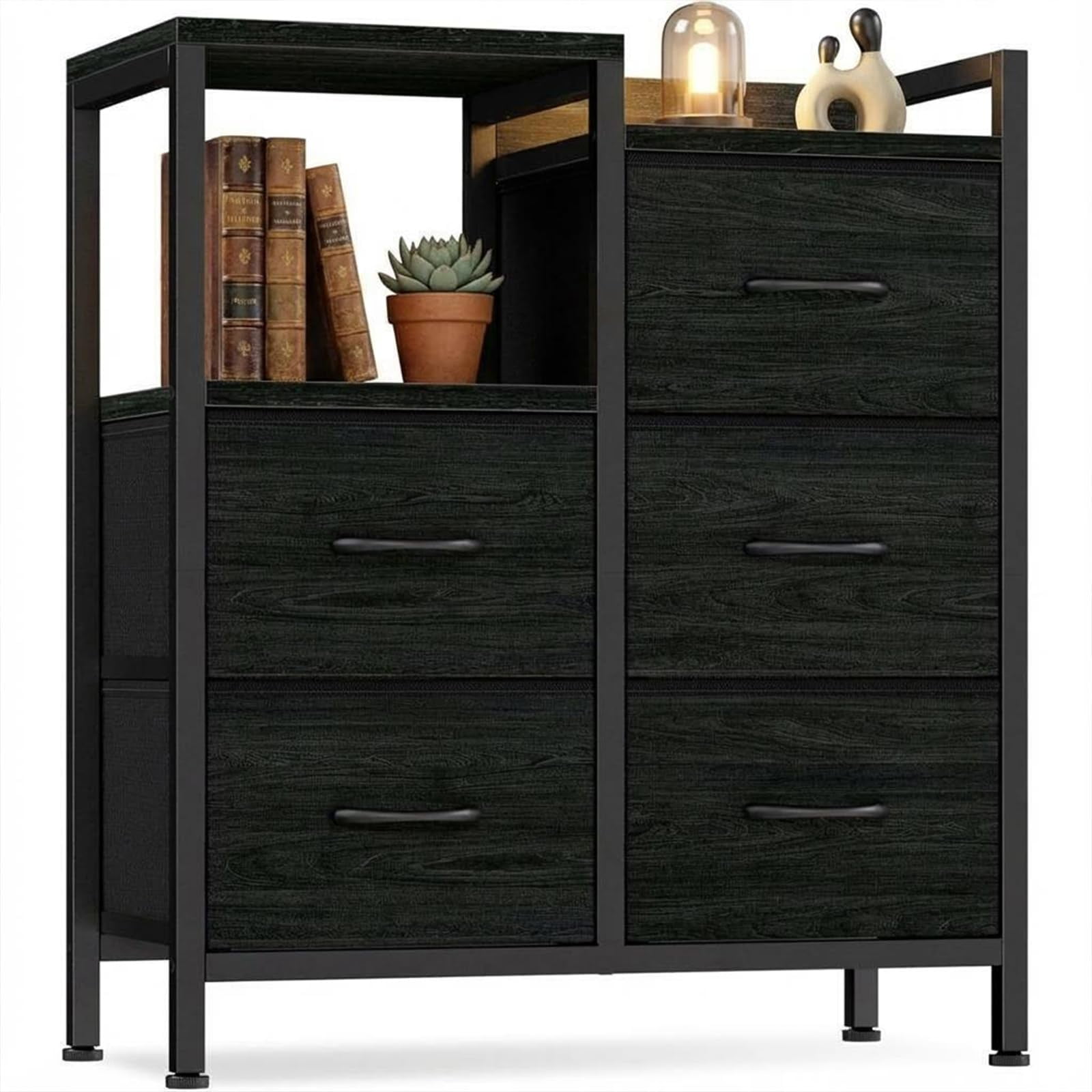 M optimized 5 Drawer File Cabinet with Open Storage Shelf, Rolling Printer Stand and Fabric ...