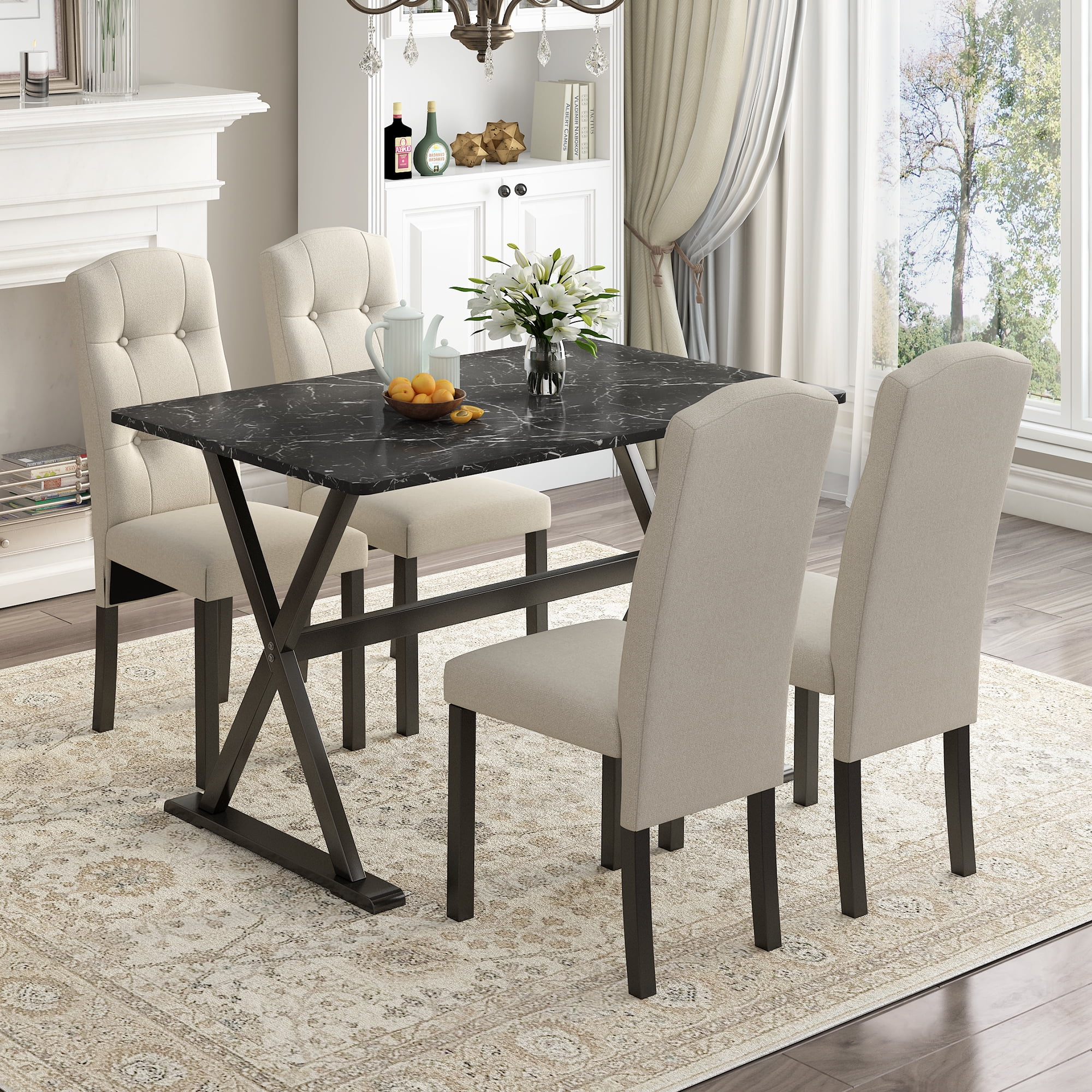 M optimized 5 Piece Dining Table Set, Modern Faux Marble Tabletop and 4 ...