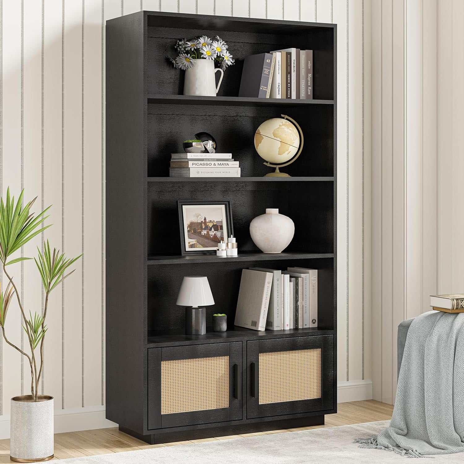 M optimized 5 Tier Bookcase with Rattan Doors, Wooden Bookshelf with ...