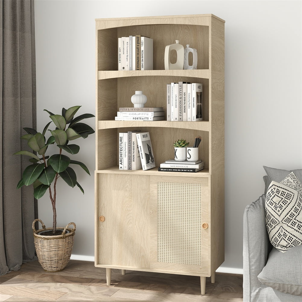 M optimized 5-Tier Tall Bookcase, Rattan Wood Bookshelf with Door ...