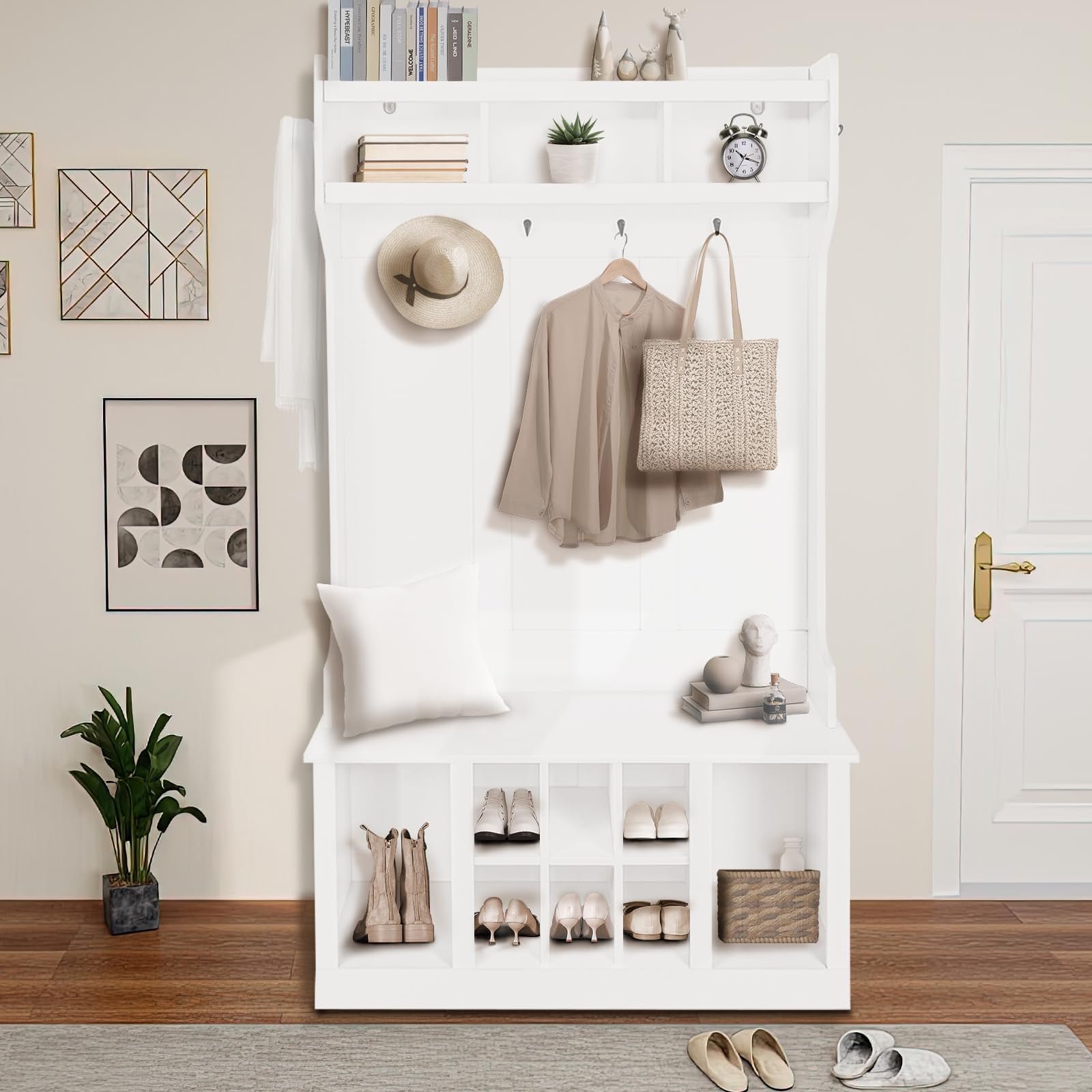M optimized 5-in-1 Hall Tree with Bench and Shoe Storage, Entryway Hall ...