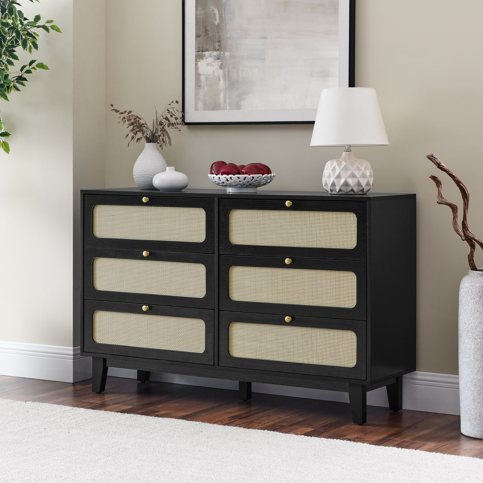M optimized 6 Drawer Dresser Wood Rattan Drawer Chest with Adjustable ...