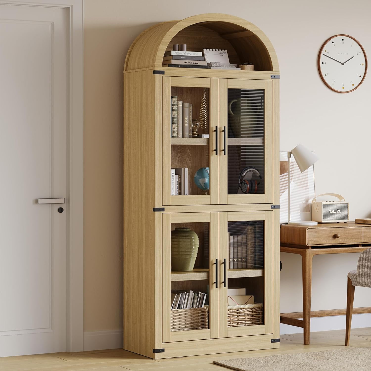 M optimized Arched Bookshelf with Doors Farmhouse Bookcase Display ...