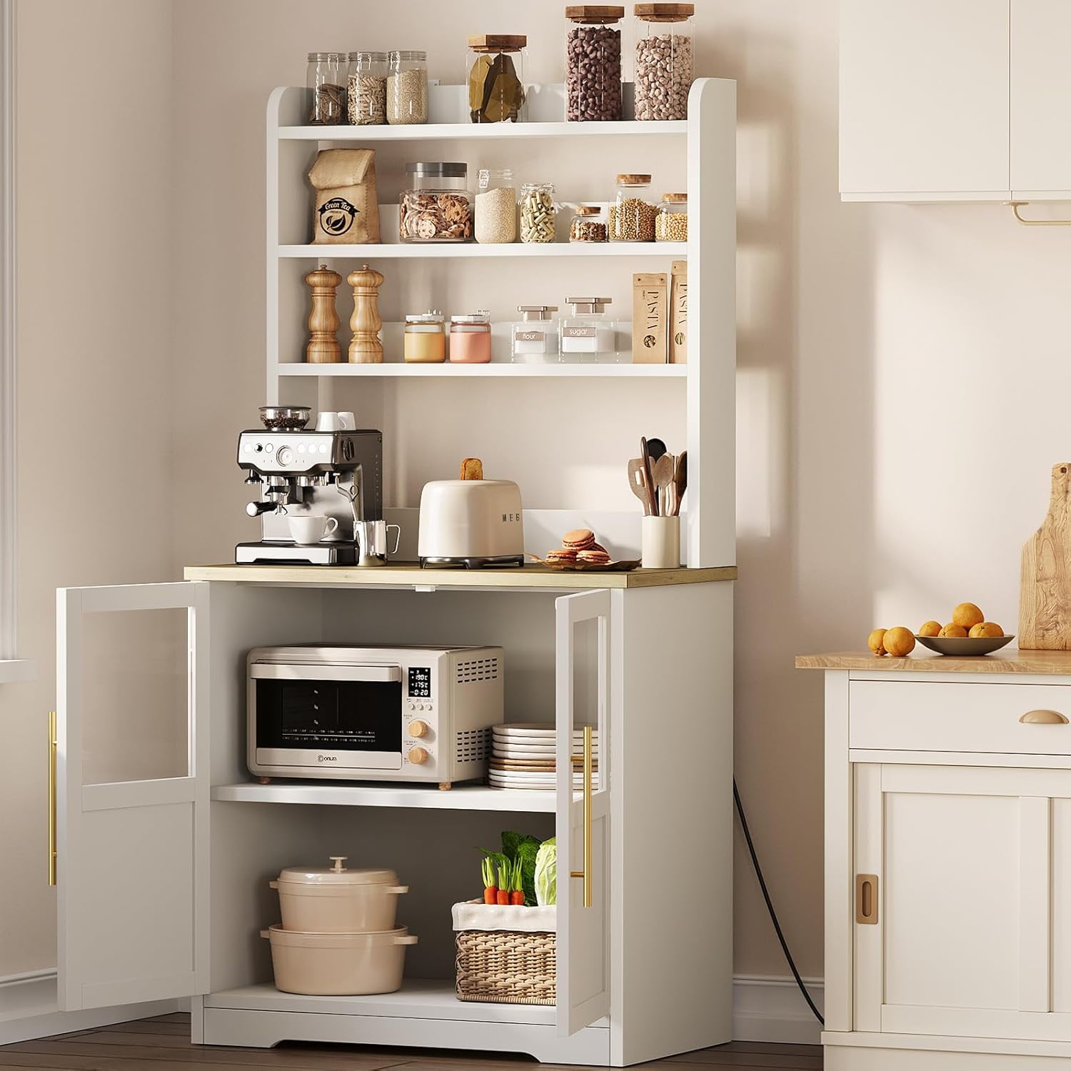 M optimized Bakers Rack with 2 Glass Doors, Farmhouse Bakers Rack with ...