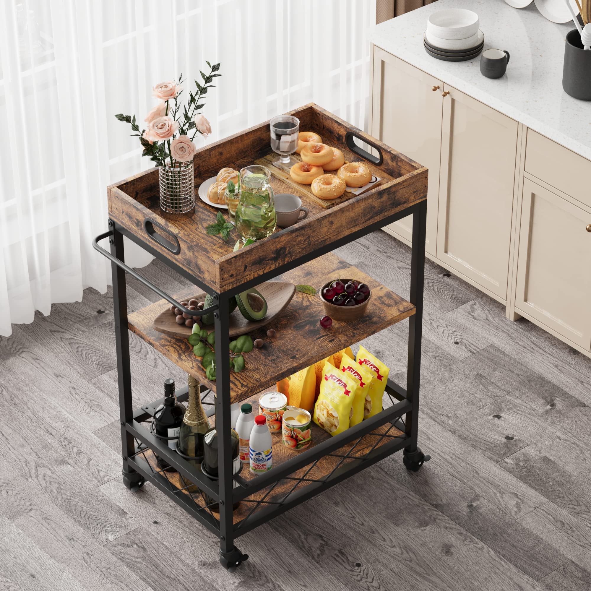 M optimized Bar Carts for Home, Bar Cart, Serving Cart with Wheels, 3 ...