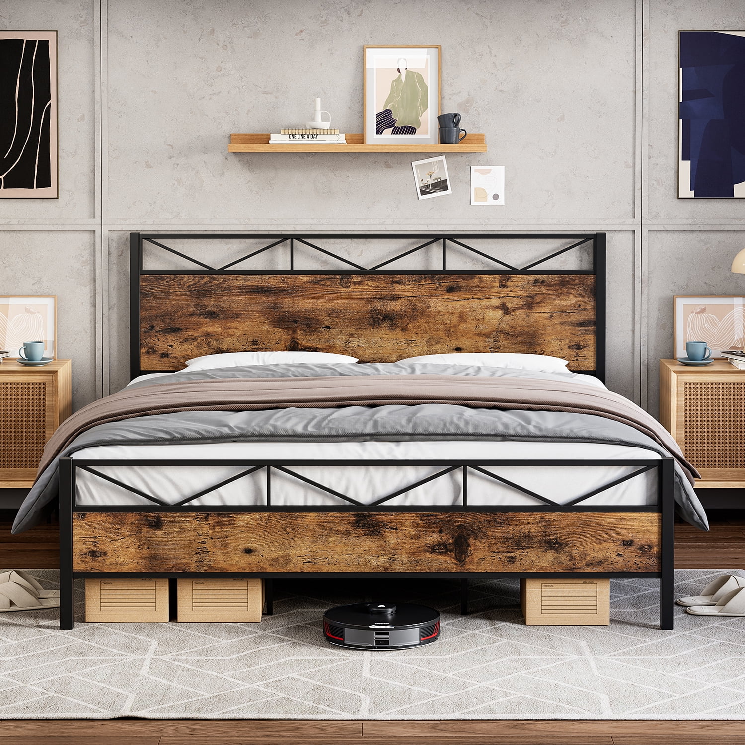 M optimized Bed Frame with Rustic Wood Headboard and Footboard, Metal ...