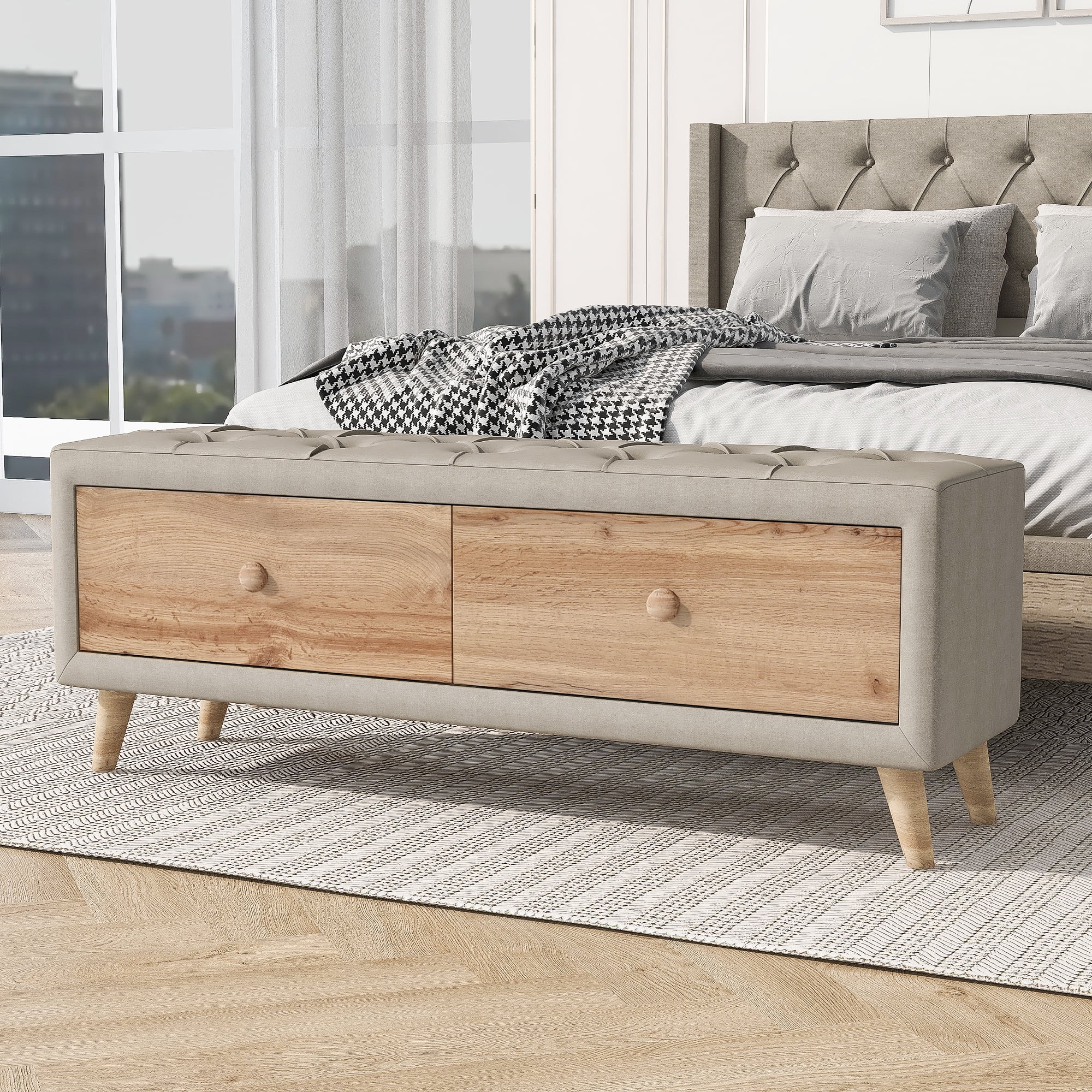 M optimized Bedroom Storage Bench Ottoman Bench with 2 Drawers Wood ...