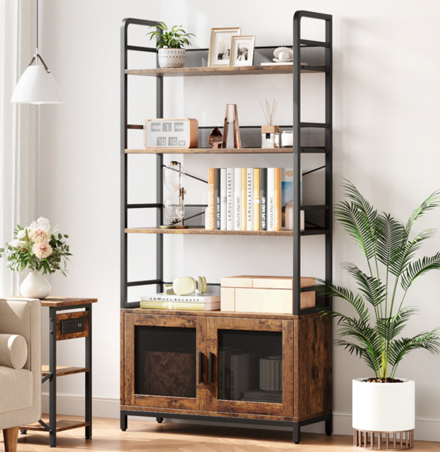 M optimized Bookshelf with Doors Industrial Bookcase w/ 4 Tiers Open ...