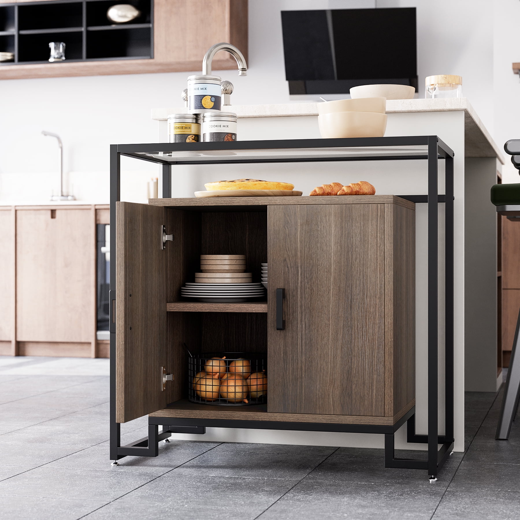 M optimized Cabinet with Tempered Glass Top, Modern Farmhouse Buffet ...