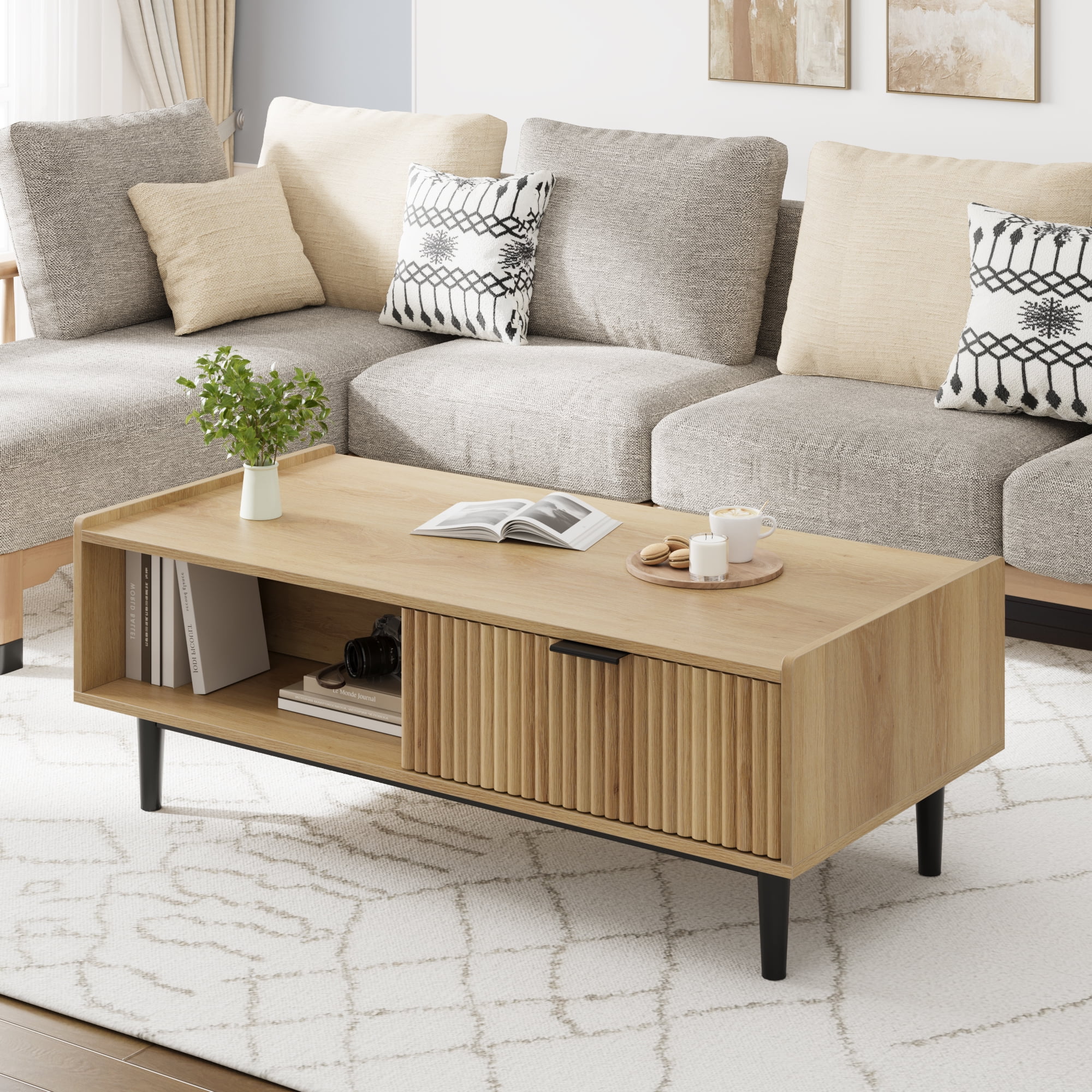 M optimized Center Table Fluted Coffee Table with Drawer Mid Century ...
