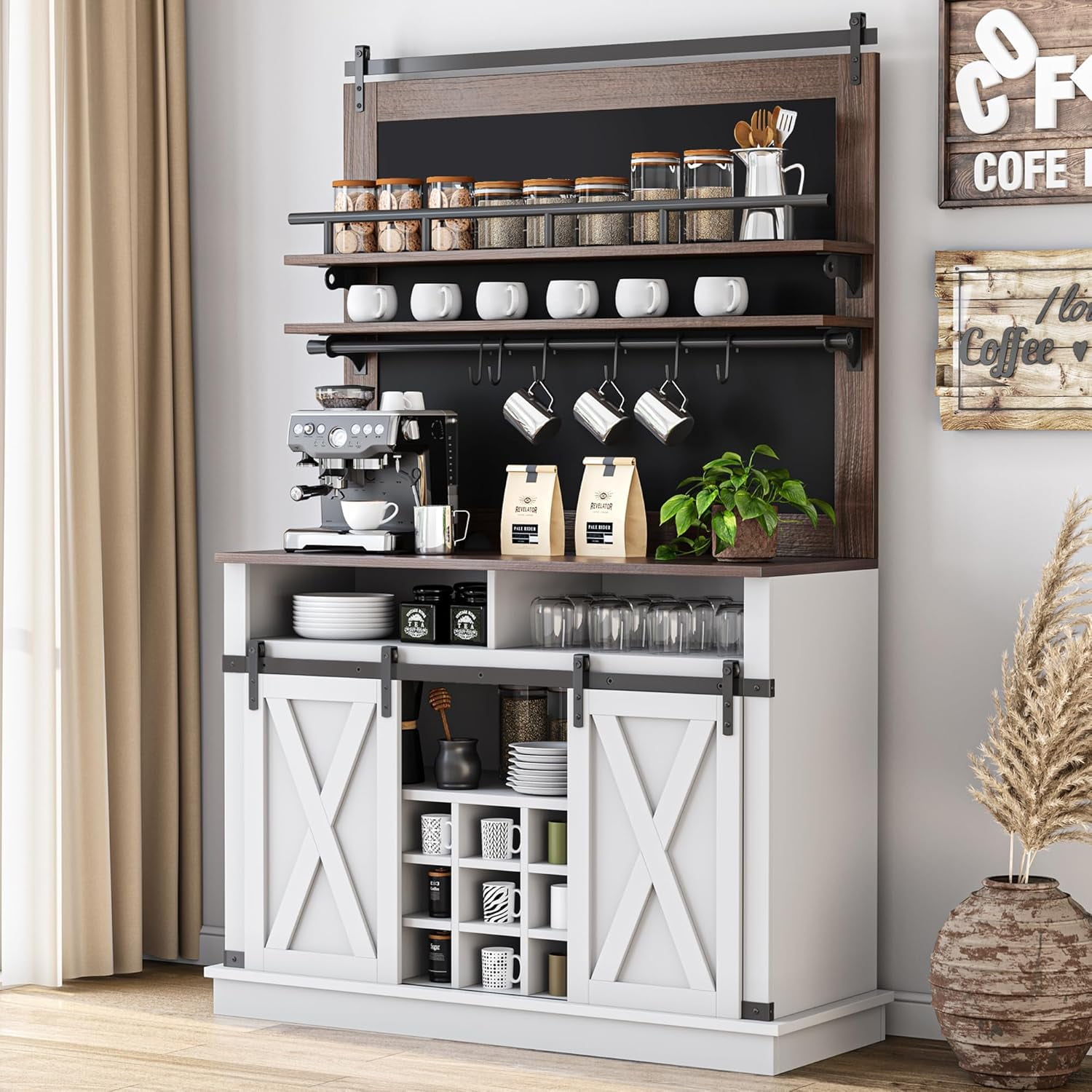 M optimized Coffee Bar Cabinet, Farmhouse Buffet Cabinet with Storage ...