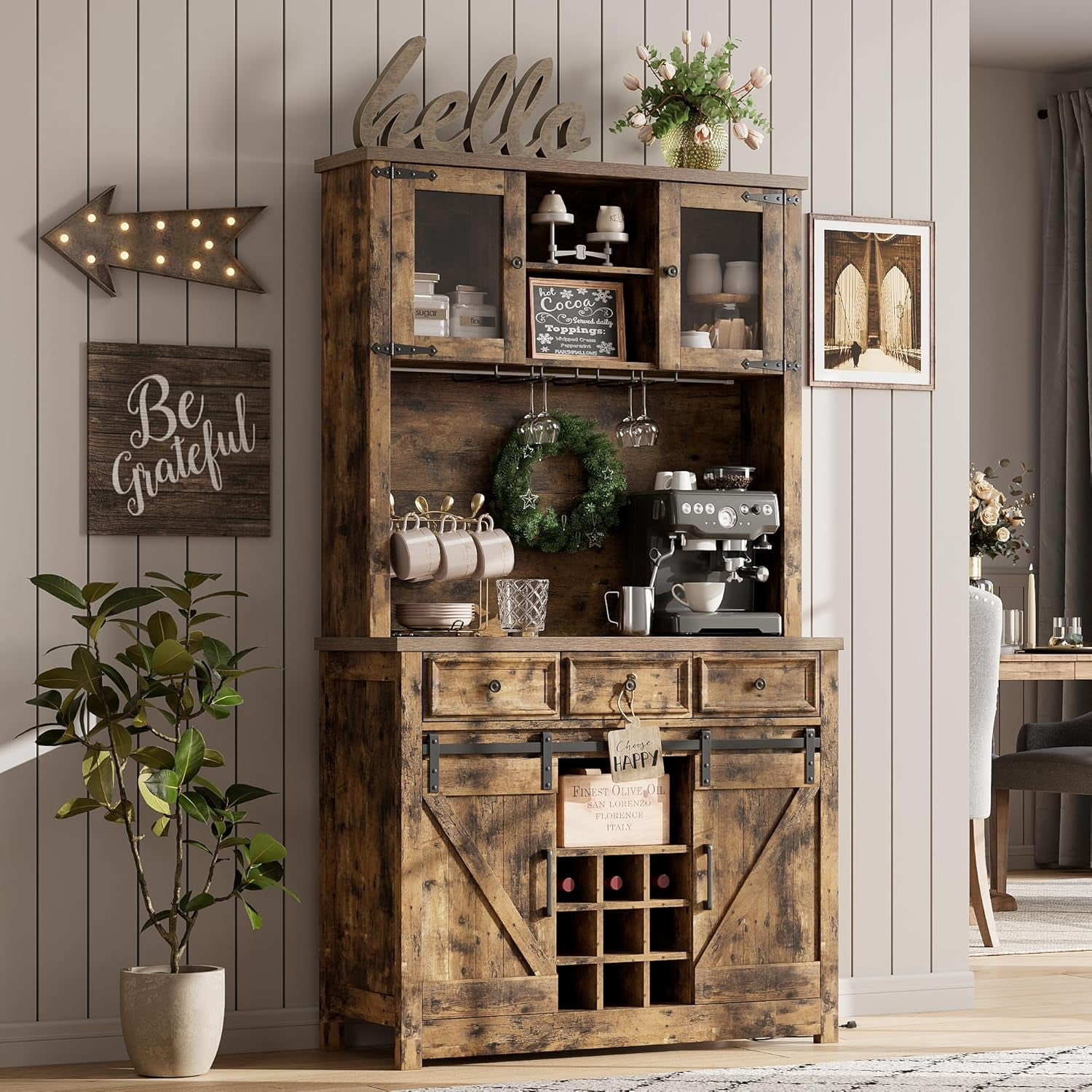 M optimized Farmhouse 72'' Coffee Bar Cabinet with LED Light and Power ...
