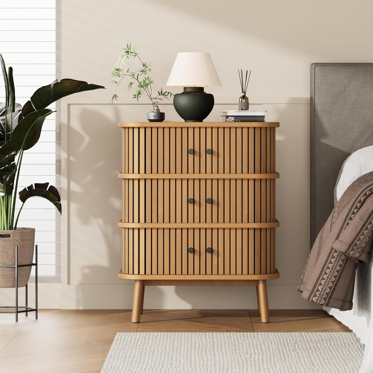 M optimized Fluted 3 Drawers Nightstand with Sliding Door, Wooden Chest ...