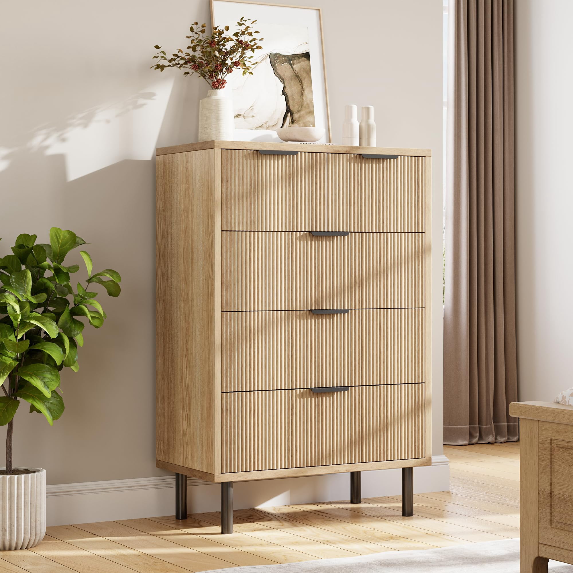 M optimized Fluted 5 Drawer Dresser for Bedroom, Modern Tall Chest of ...