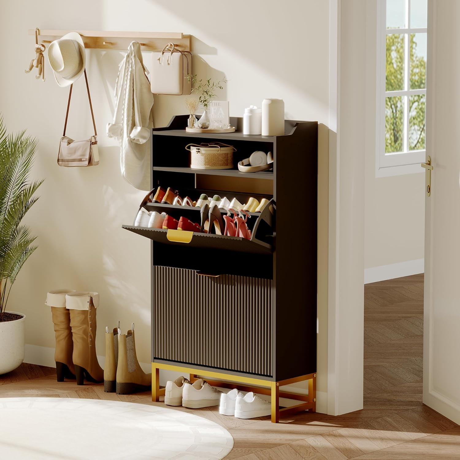 M optimized Fluted Shoe Cabinet Storage for Entryway, Wood Shoe Rack ...