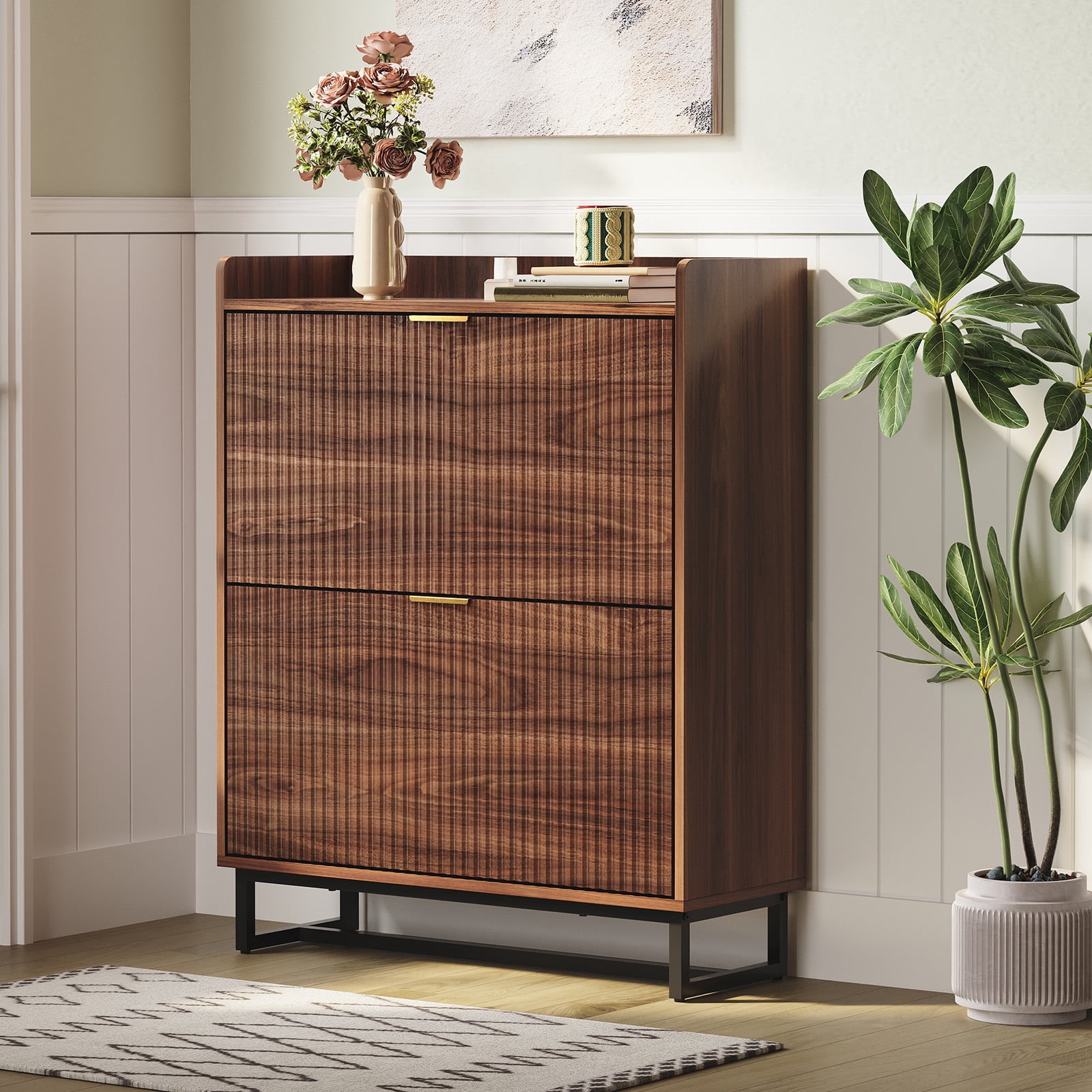 M optimized Fluted Shoe Storage Cabinet with 2 Flip Drawers, Narrow ...