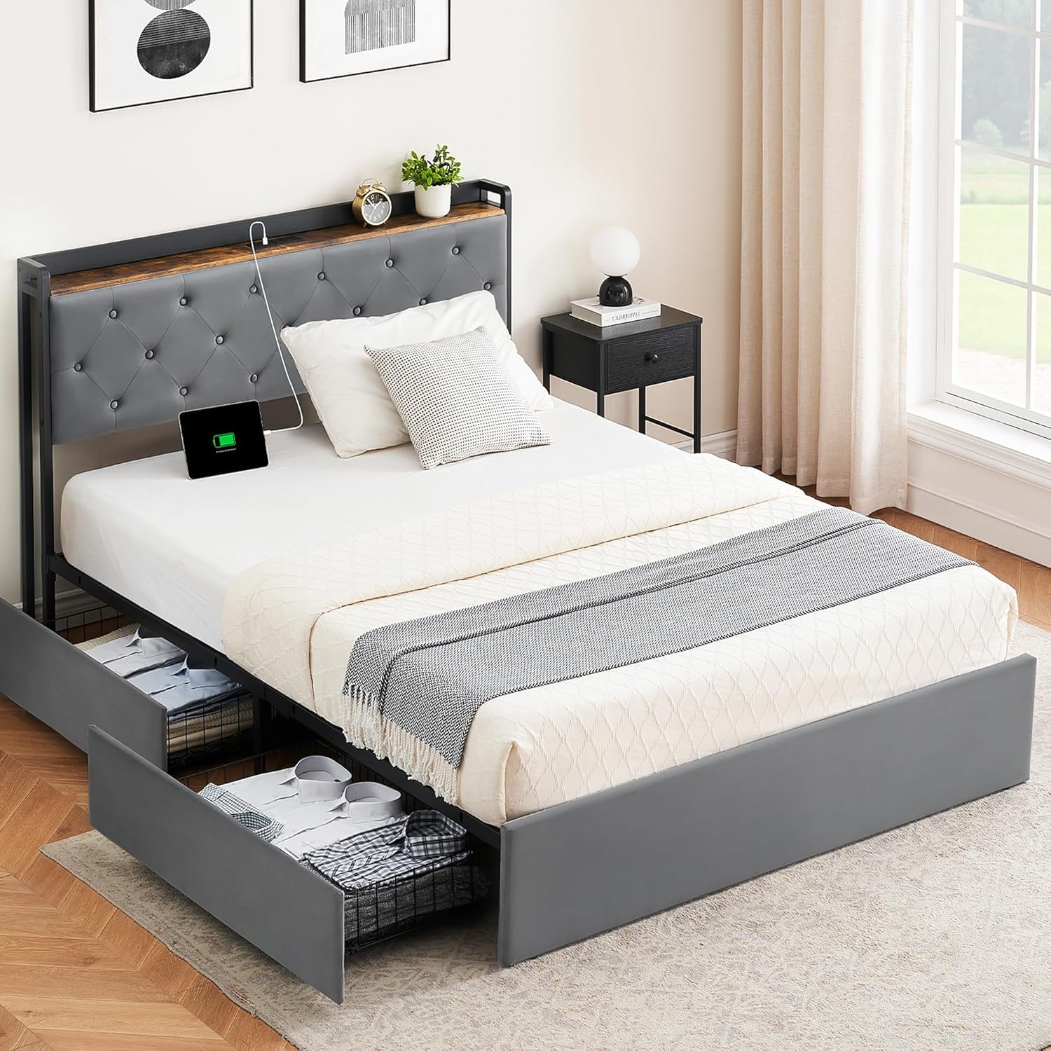 M optimized Full/Queen Bed Frame with 4 Storage Drawers and Charging ...