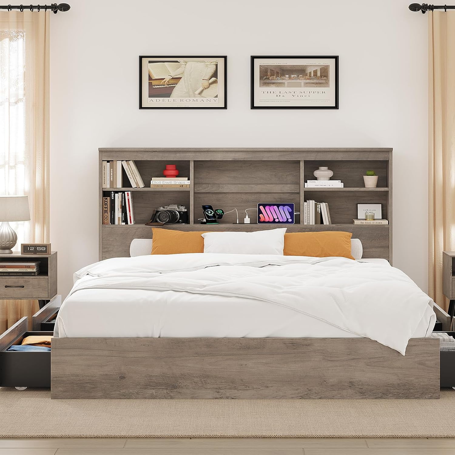M optimized Full/Queen Bed Frame with High Storage Bookcase Headboard ...