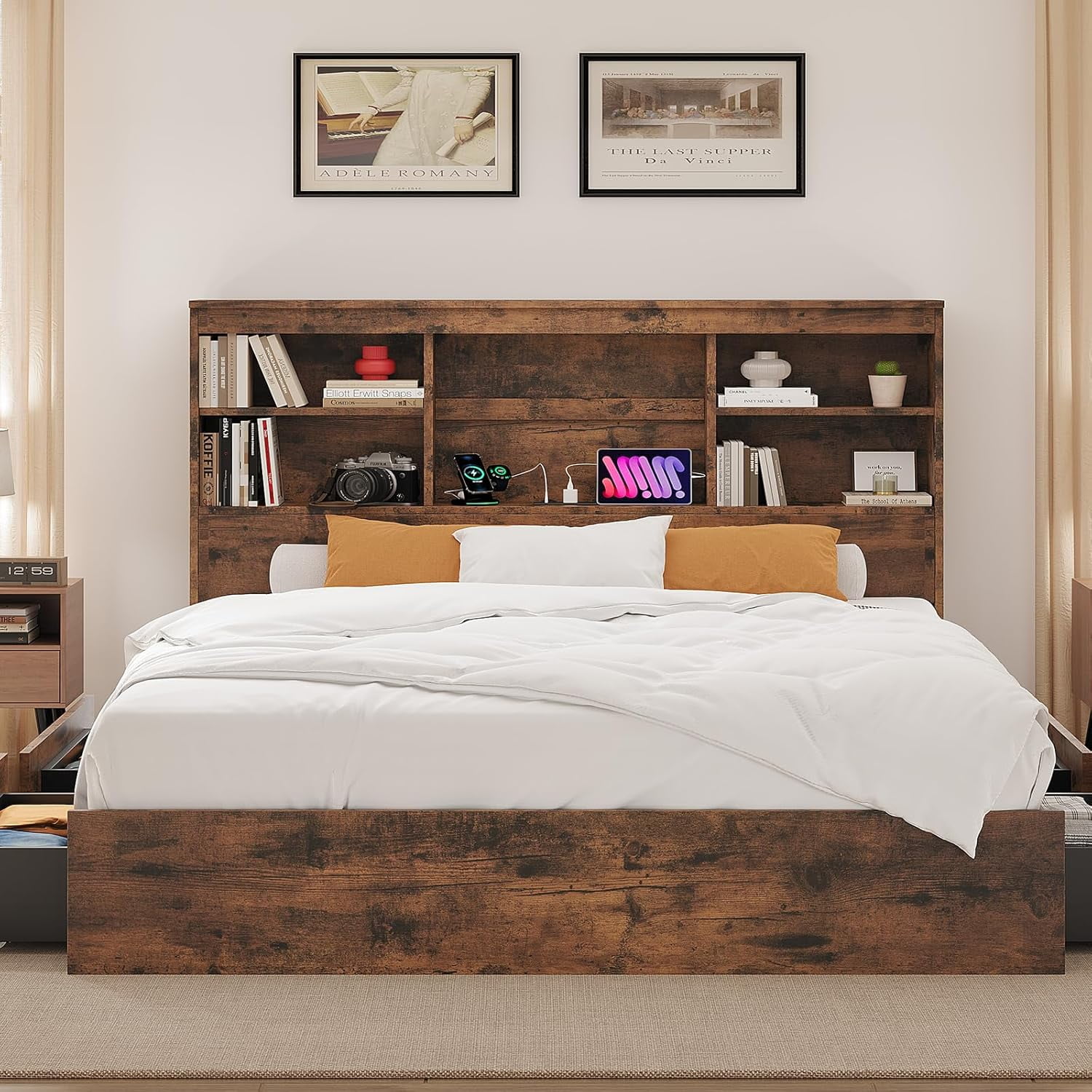 M optimized Full/Queen Bed Frame with High Storage Bookcase Headboard ...