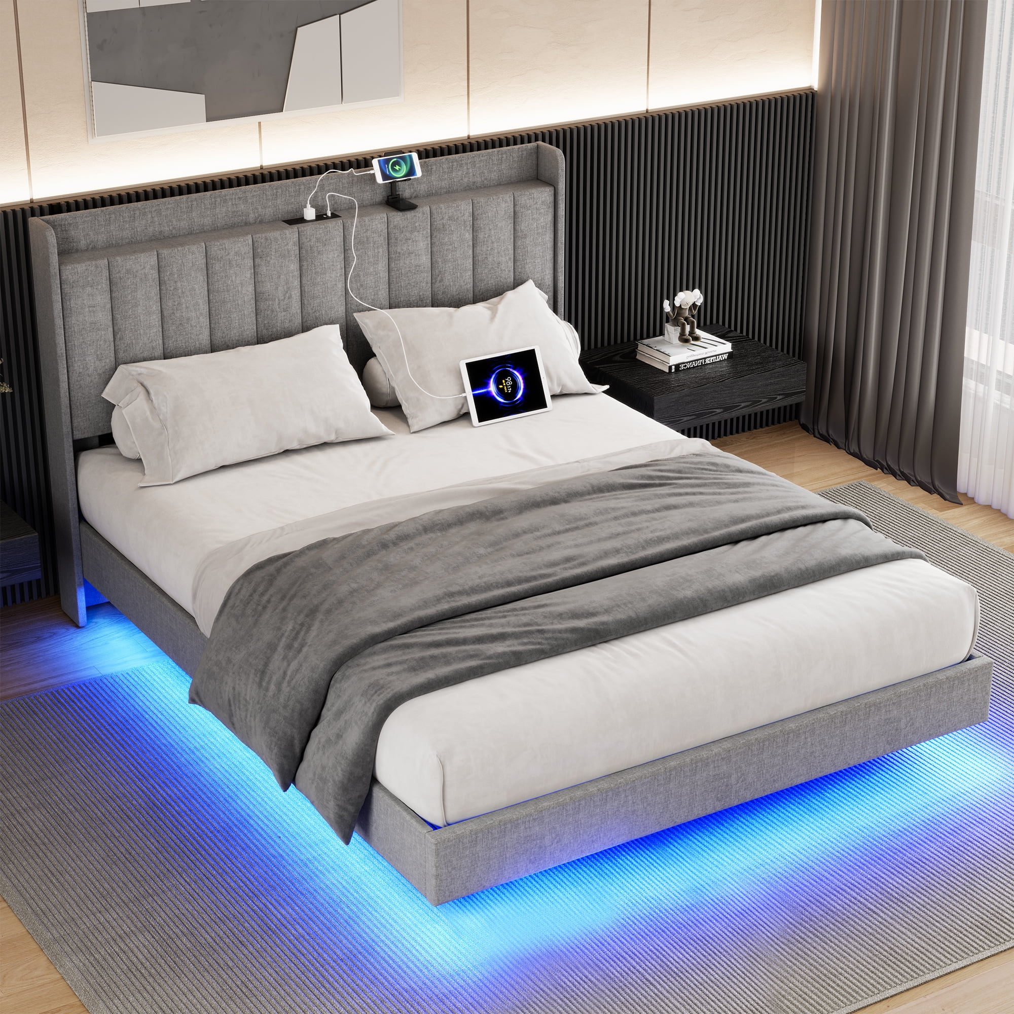 M optimized Full/Queen/King Size Floating Bed Frame with LED Light ...
